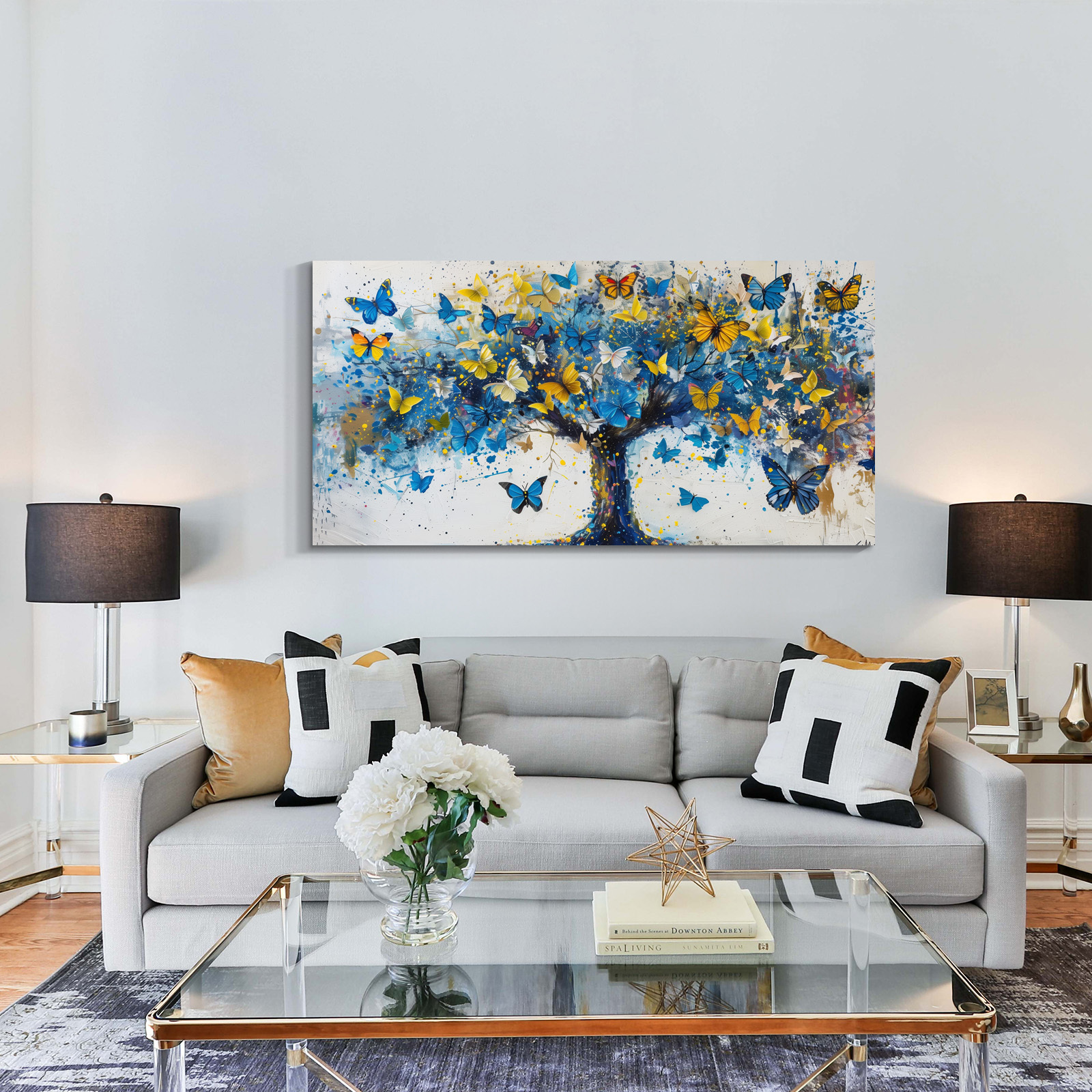 1pc Large Wrapped Canvas Wall Decor Abstract Blue And Gold Butterflies ...