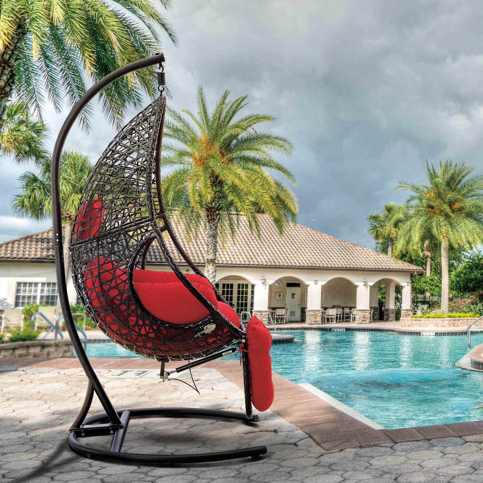 Cozy Hanging Swing Chair Set: Wicker Rattan Basket Chair With Arc Stand ...