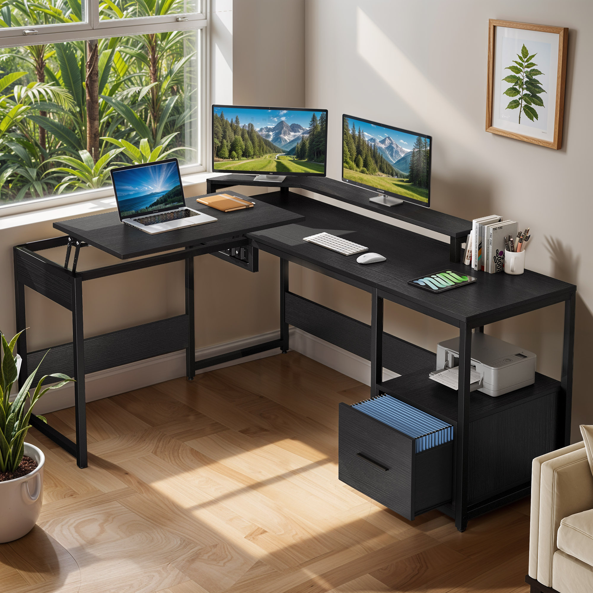 Black / Gray L Shaped Computer Desk Lift Top Office Table Workstation W ...