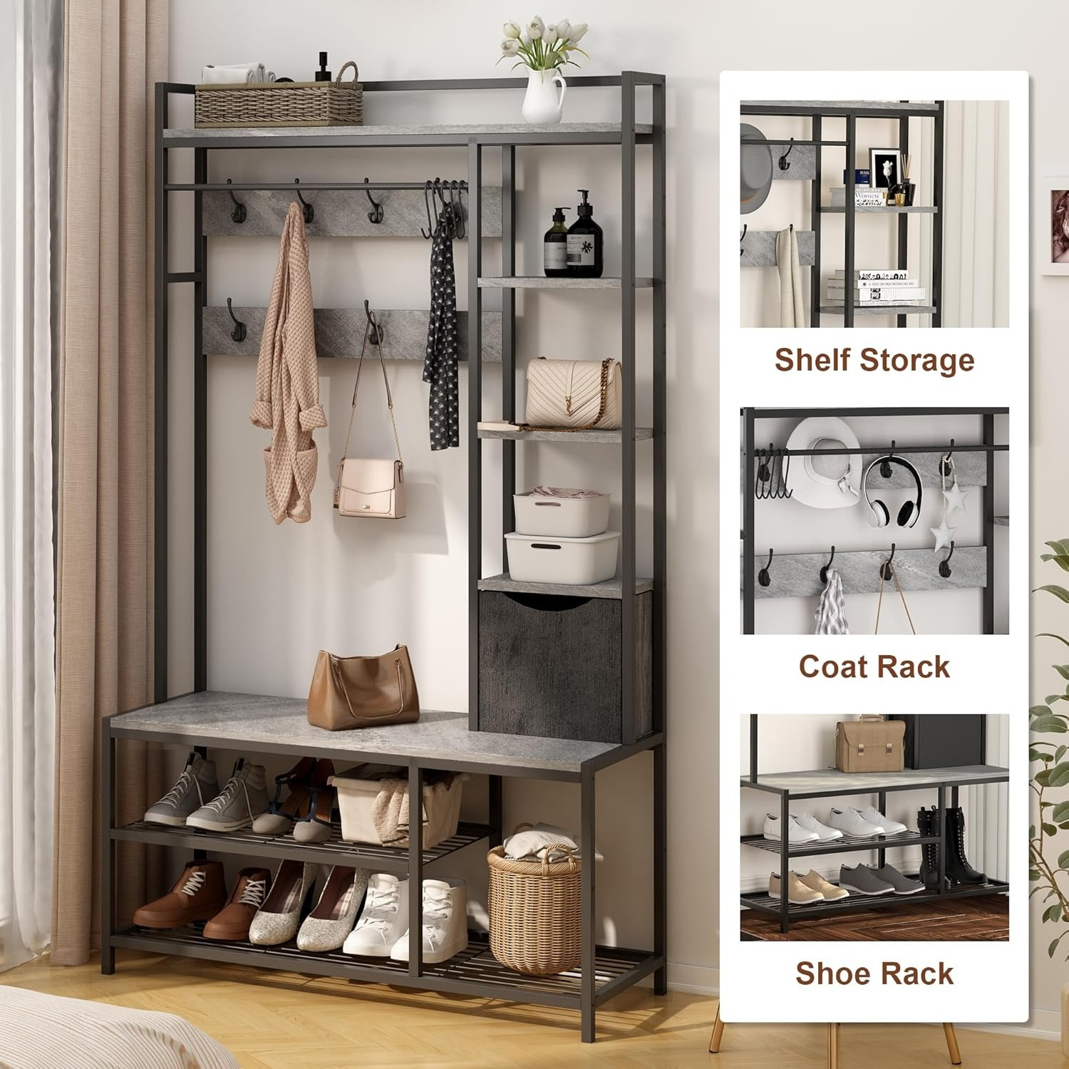 Hall Tree Storage Bench Coat Rack Freestanding Entryway - Temu