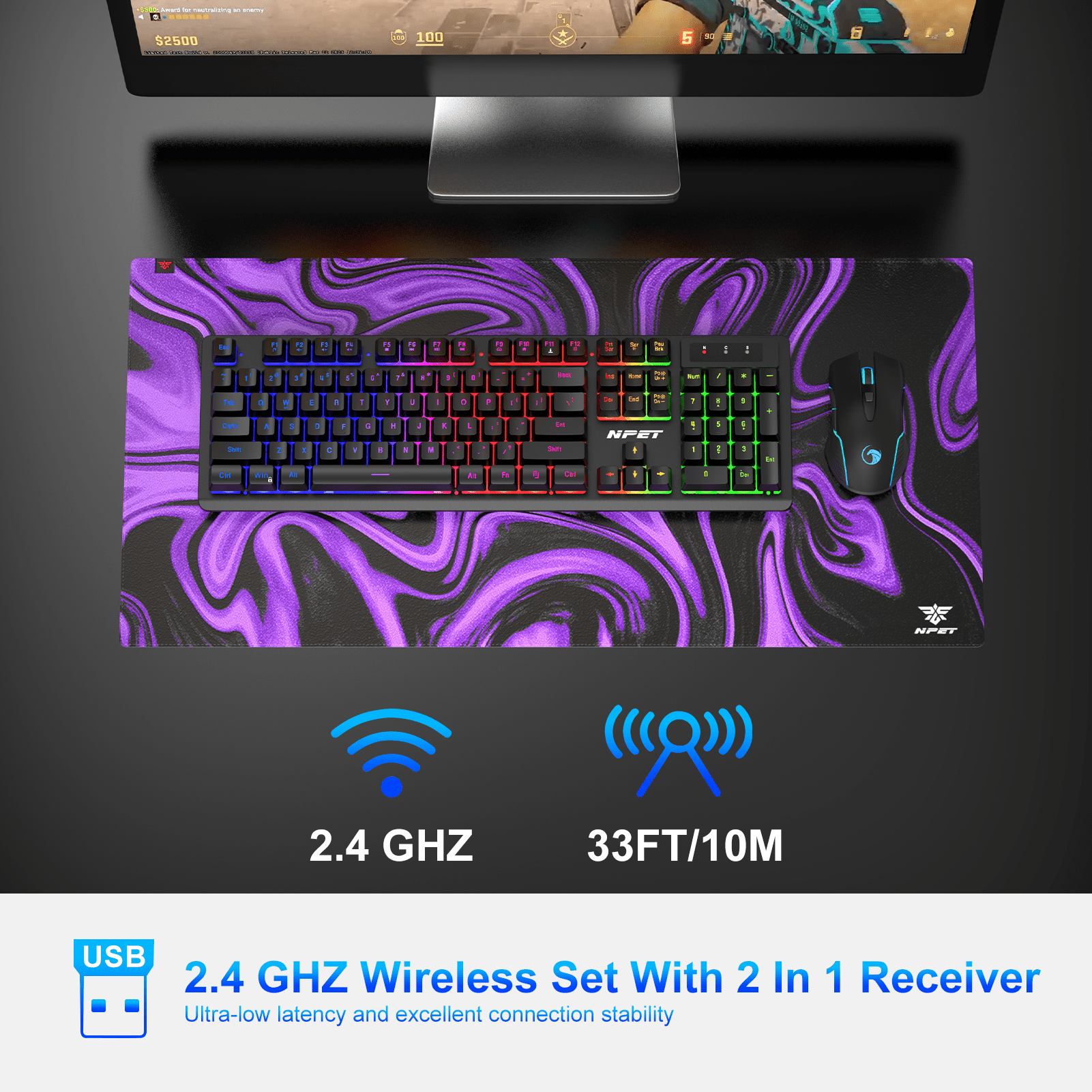 s21 wireless gaming keyboard and mouse combo, rgb backlit quiet ...