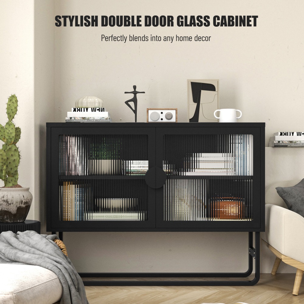 Stylish Tempered Glass Cabinet Credenza With 2 Fluted Glass Doors ...