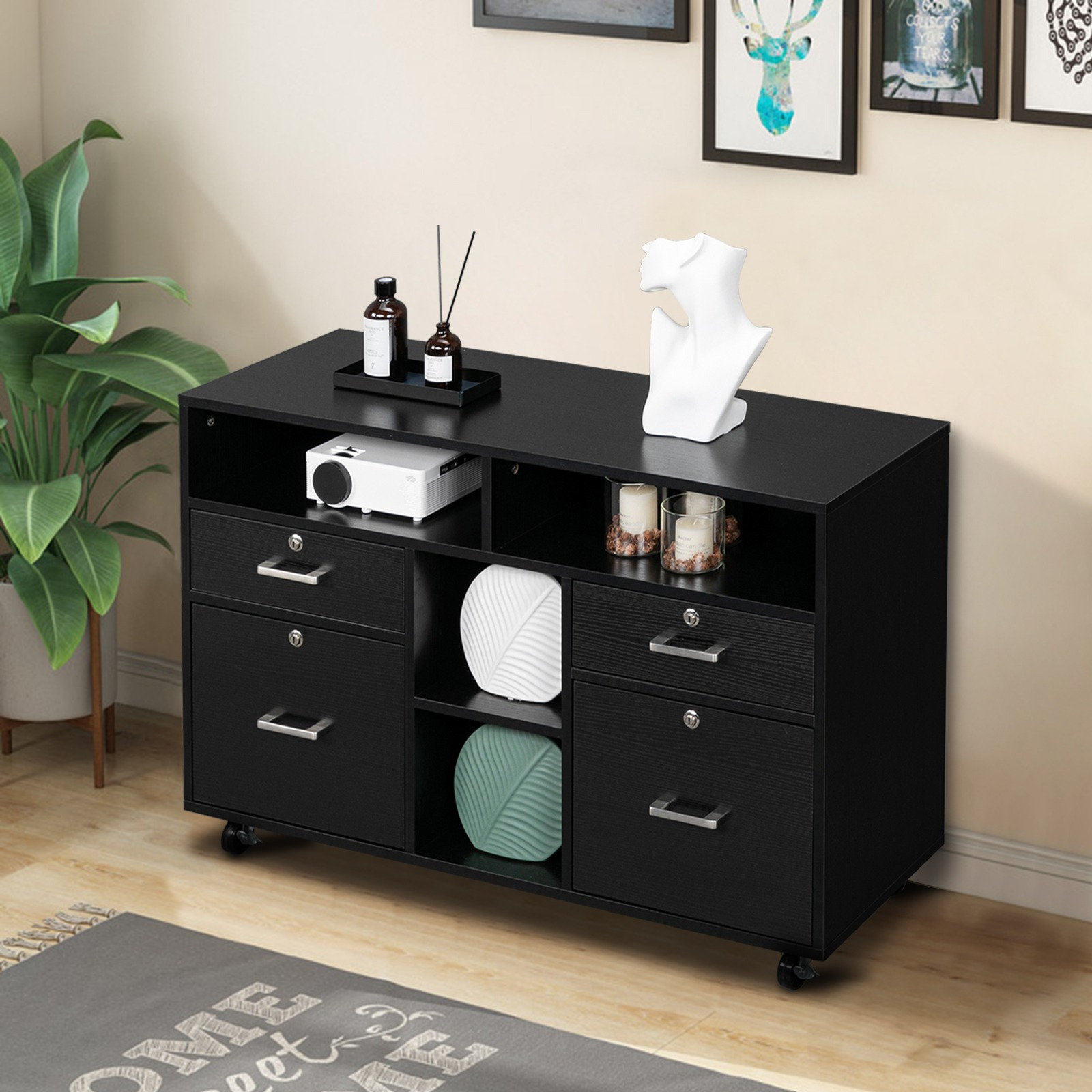 wood mobile file cabinet 4 drawers shelves printer - Temu