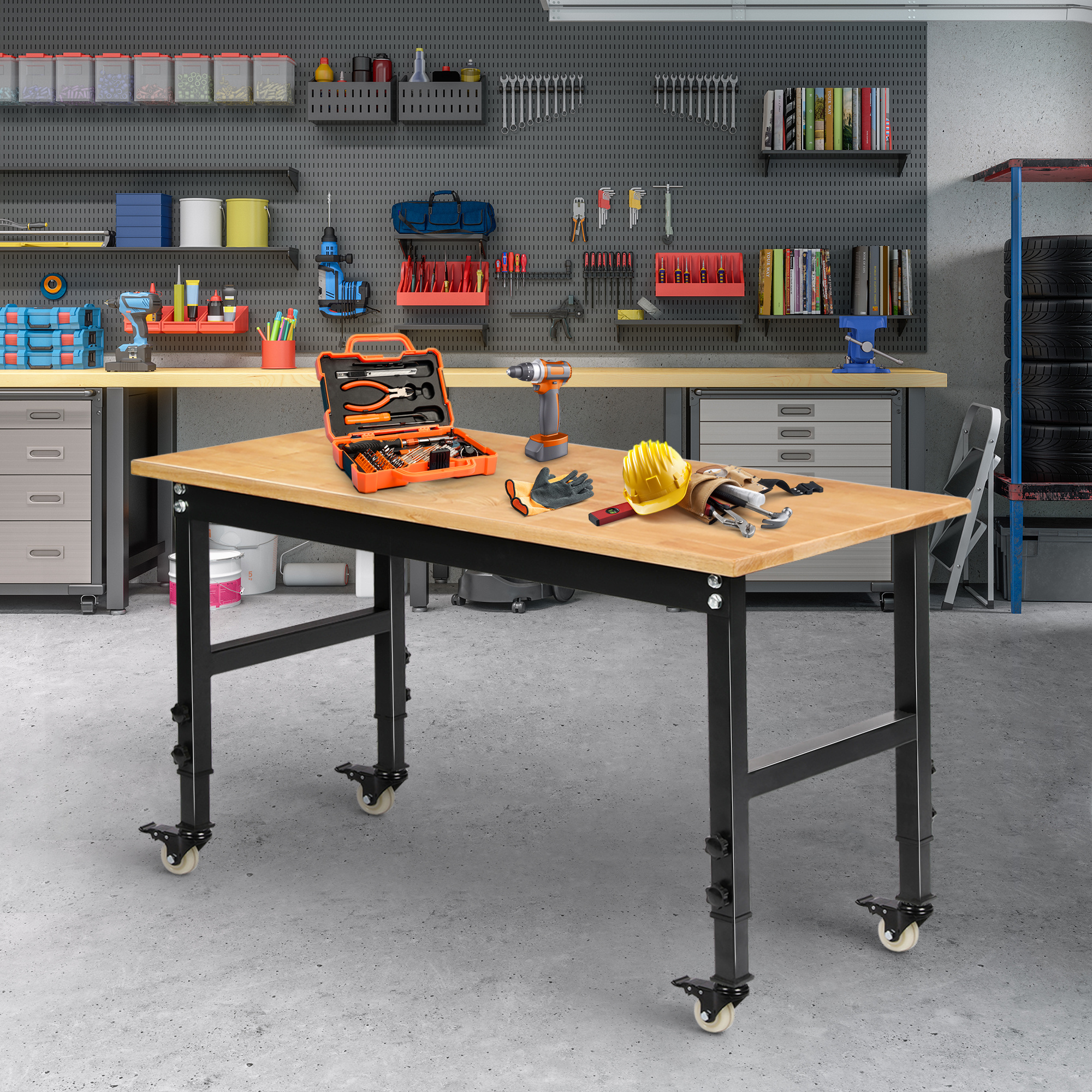 Adjustable Heavy-duty Rubber Wood Workbench With Pegboards & Drawer ...