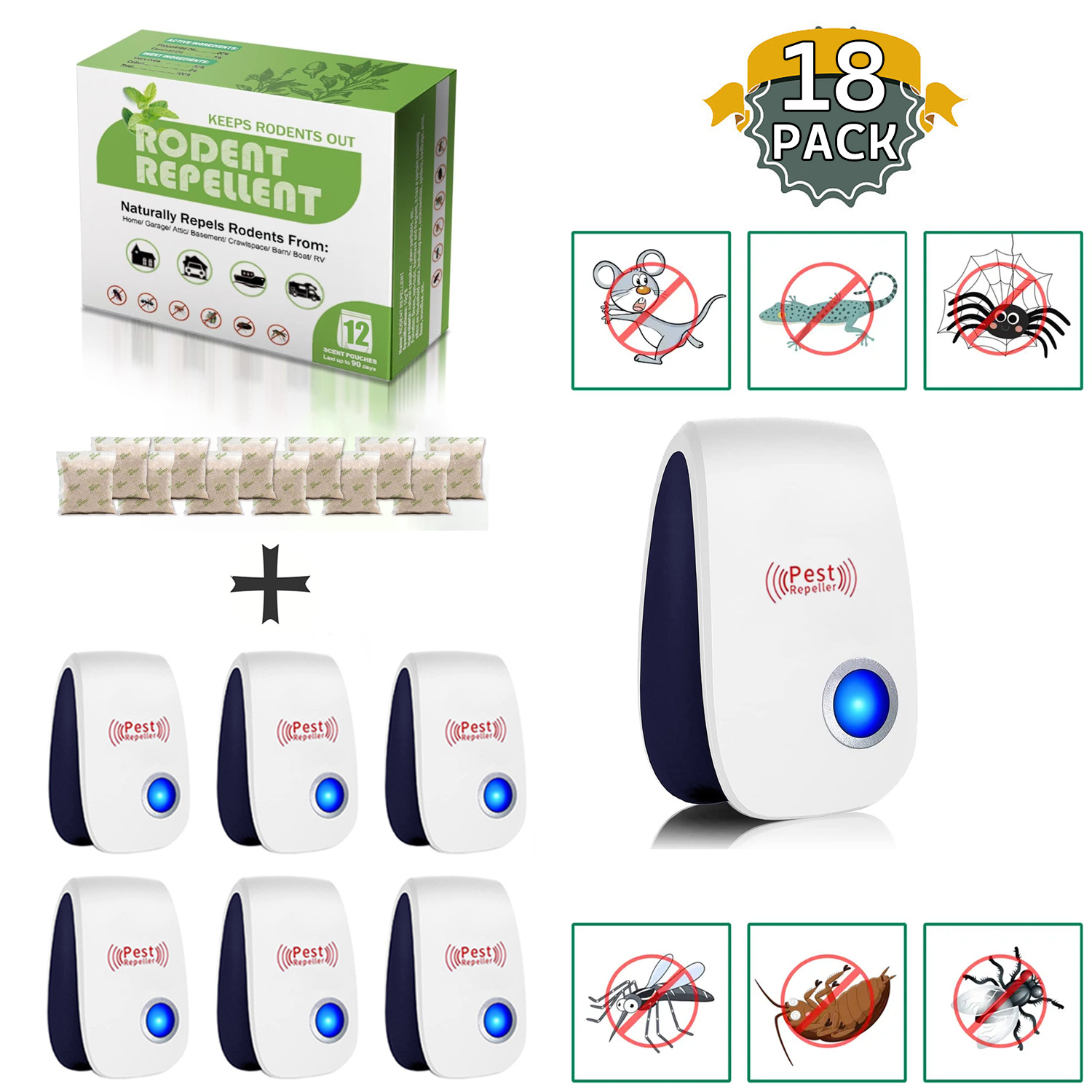18 Pack Ultrasonic Pest Repeller Control Plug In Flea Rat Roach ...