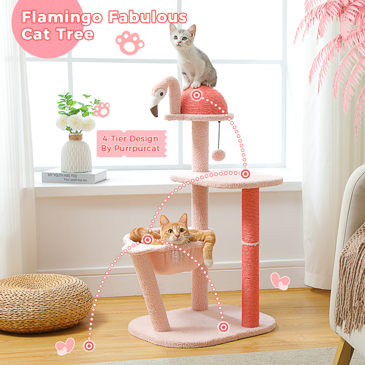 Cat Tree Cute Flamingo Cat Tower Large Hammock Natural Sisal - Temu