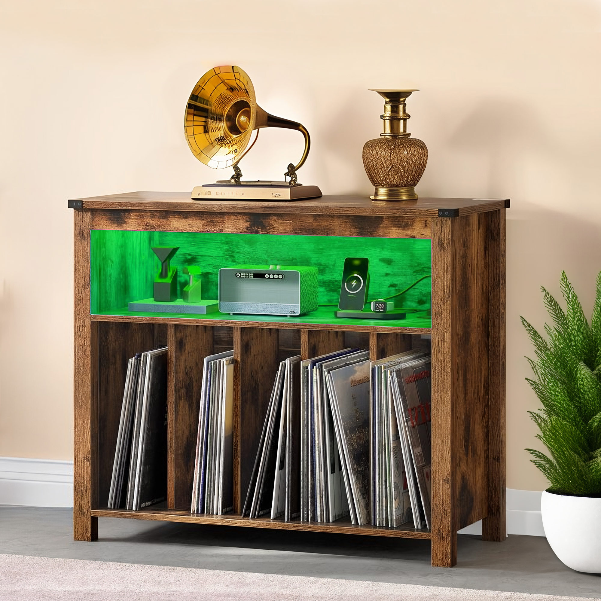 Large Record Player Stand Power Outlets Led Lights Vinyl - Temu