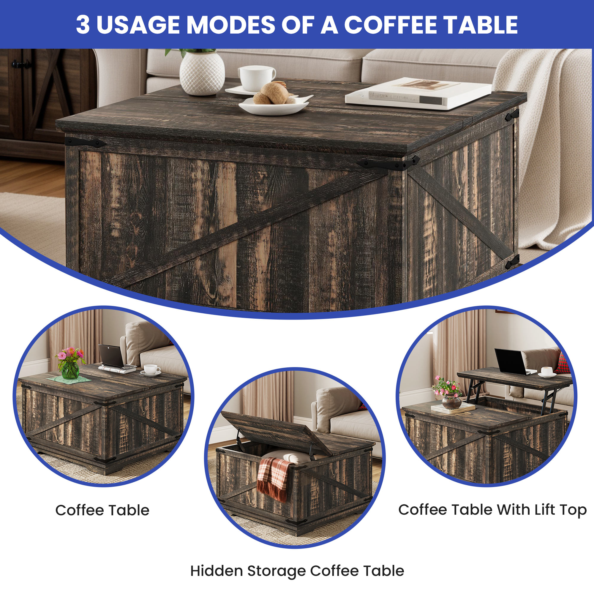 Farmhouse Lift Top Coffee Table Wood Center Table - Temu