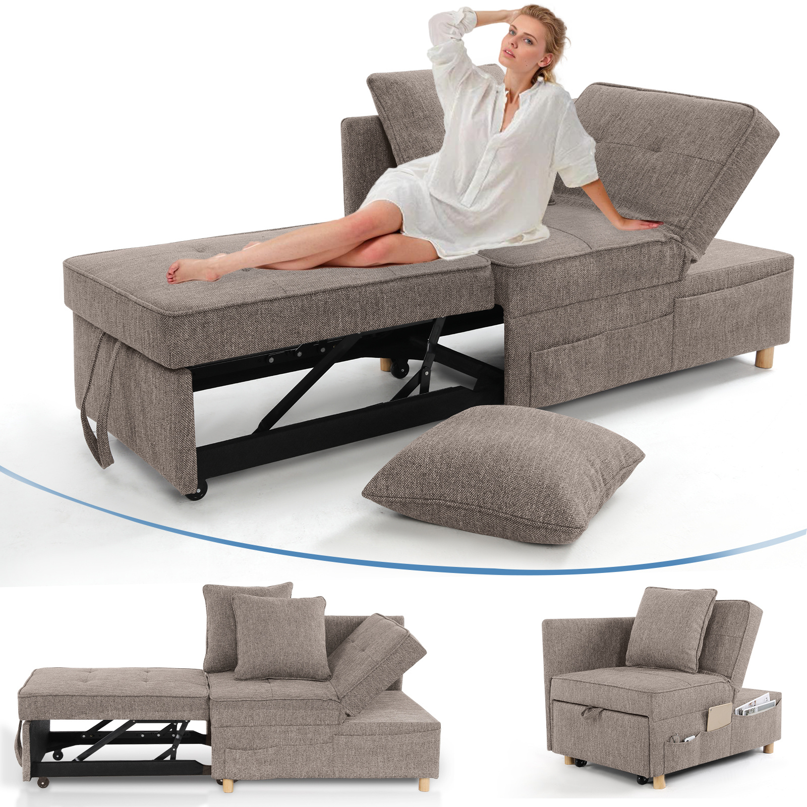 convertible sofa bed chair left pull out sleeper recliner 3 seat chair bed loveseat sofa with 2 throw pillow 5 adjustable backrest chaise lounge for living room bedroom office room home rv