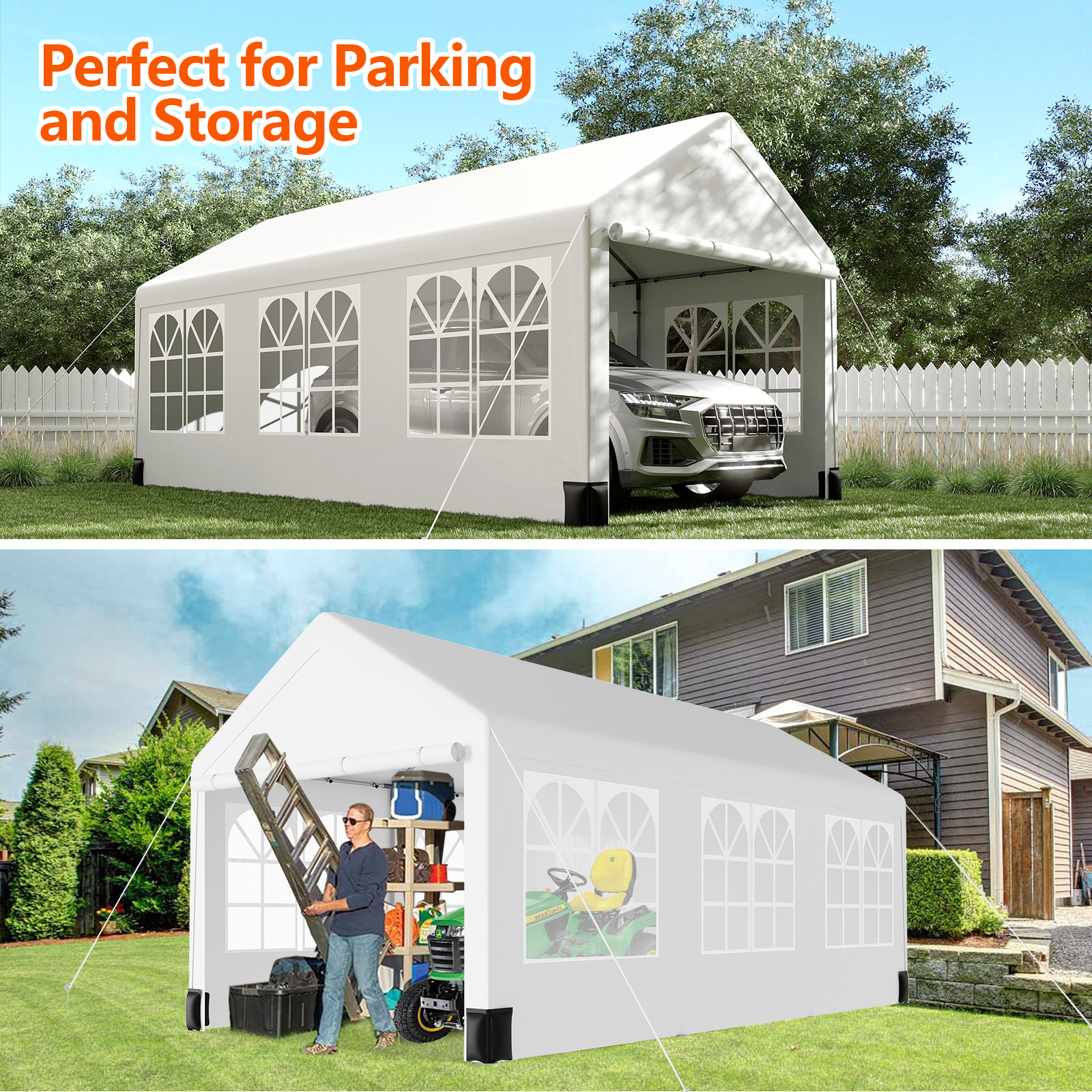 10x20ft 헤비 듀티 휴대용 간이 차고 Suv 자동차 트럭 및 보트용 롤업 환기 창 및 측면 도어가 있는 Temu