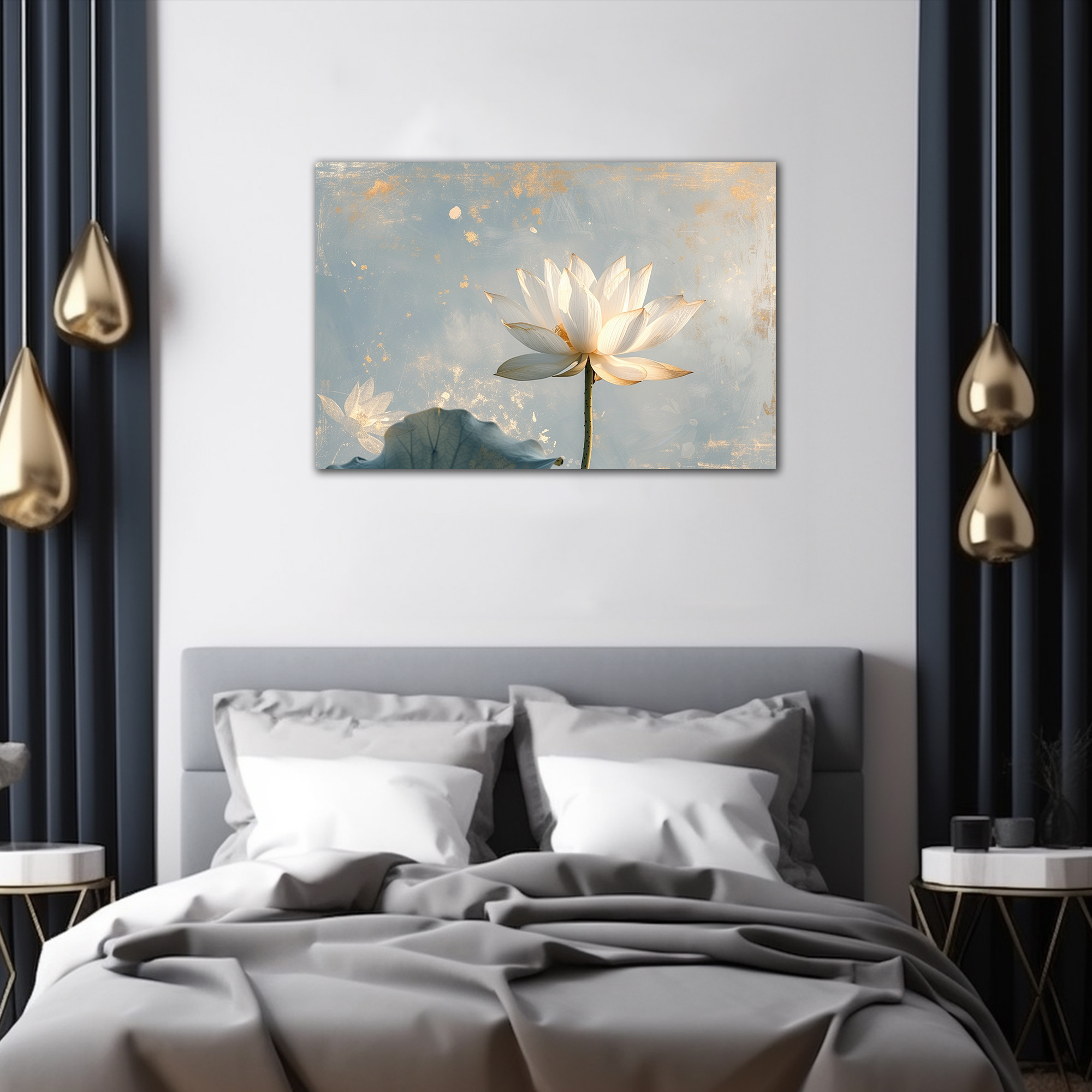 Lotus Flower Canvas Living Room White Grey Floral - Temu
