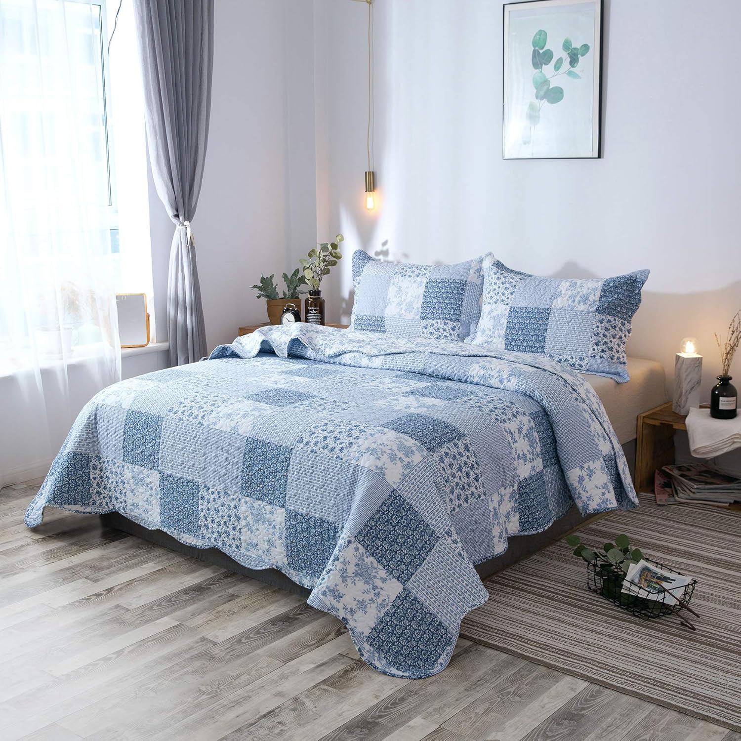 Light Floral Quilt Set, Cute Blue Print Lightweight Bedspread Coverlet ...