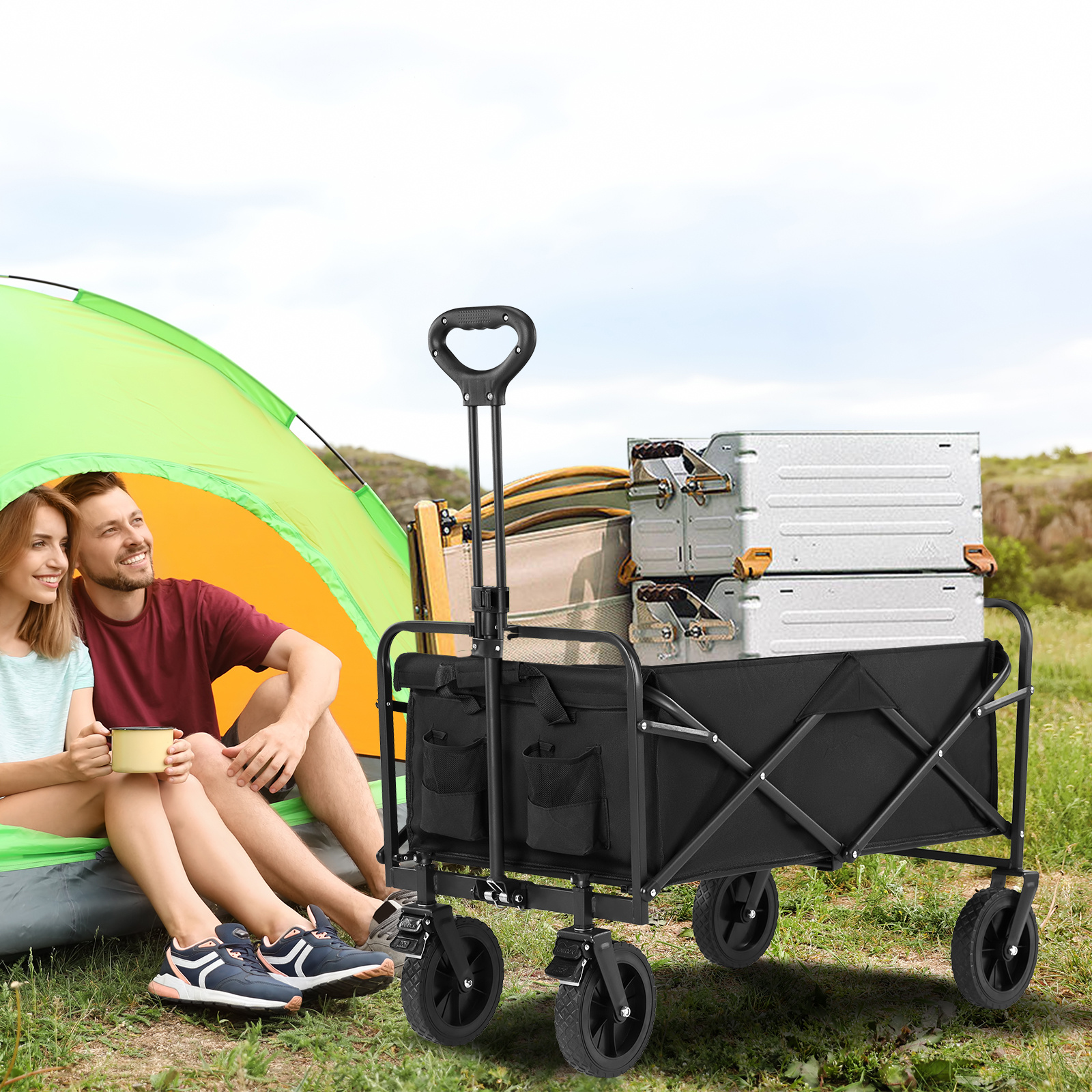 outdoor picnic cart patio cart with 4 wheels and push pull handle and ...