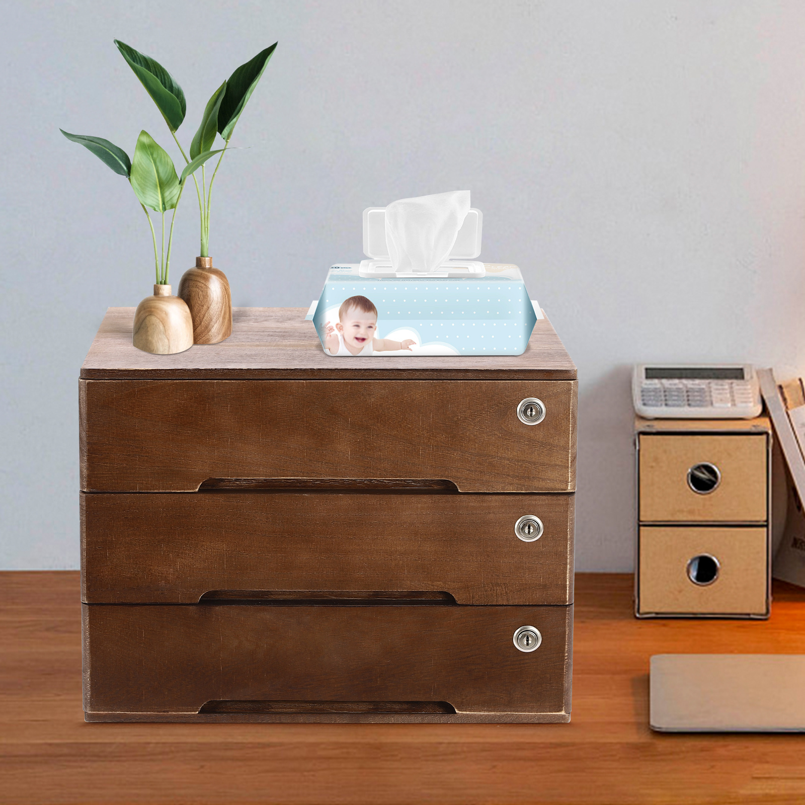 3 Tier Wooden Desktop Storage Box With Lockable Drawers Office Supplies ...