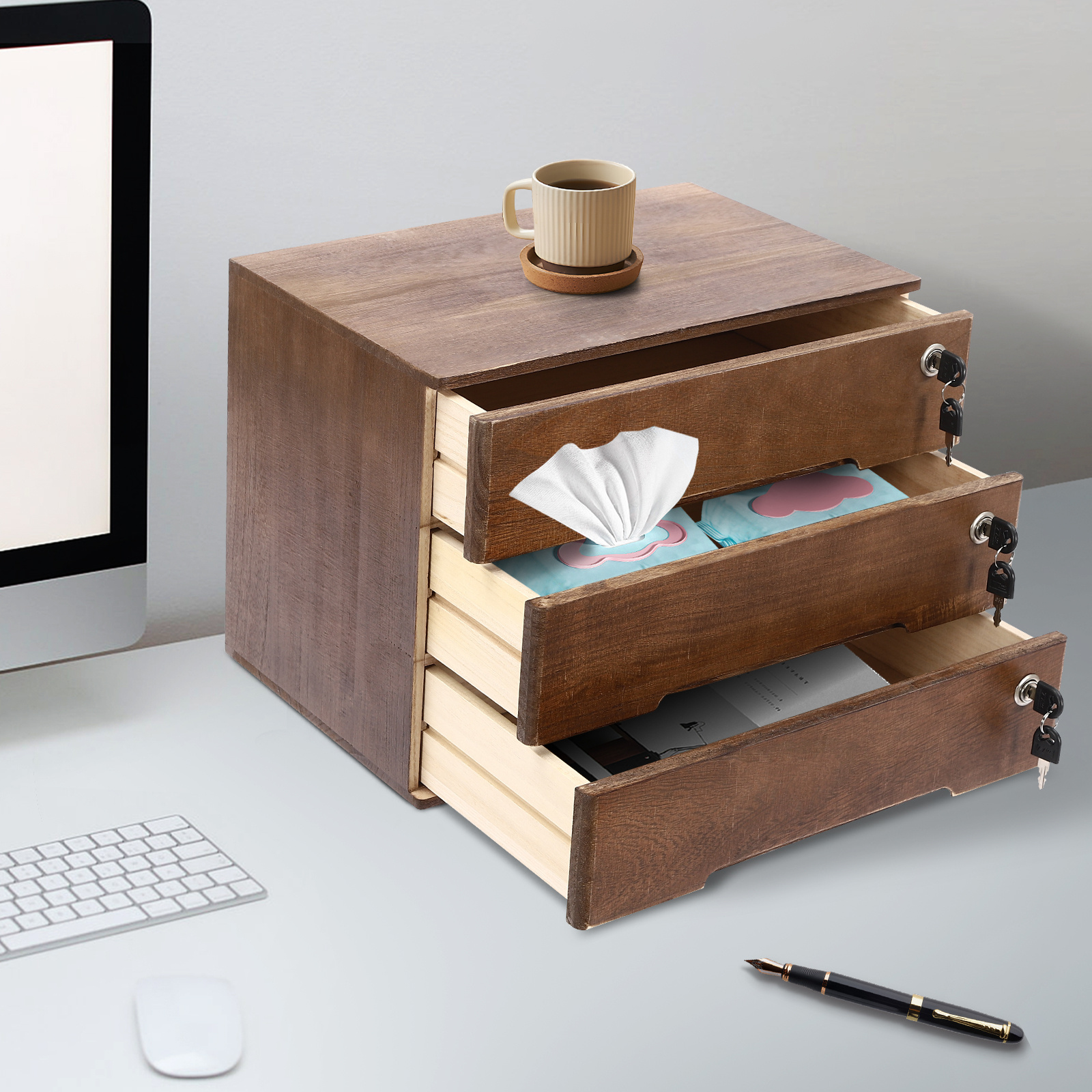 3 tier wooden desktop storage box lockable drawers office - Temu
