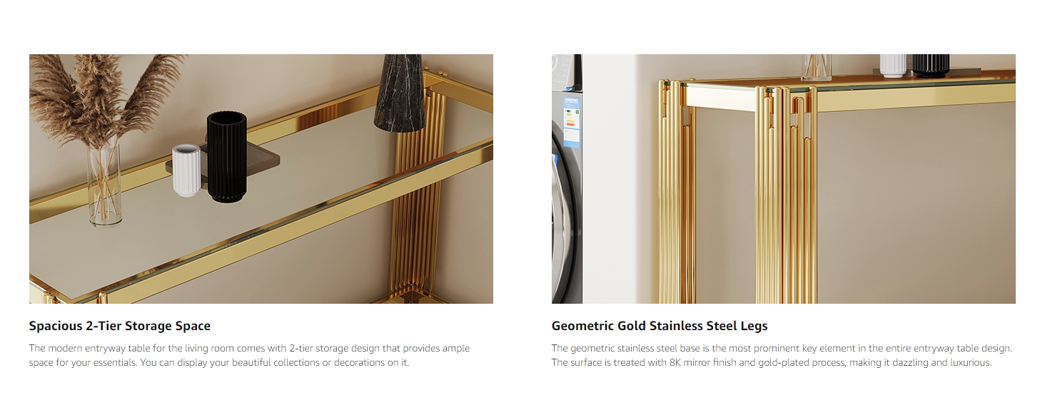 modern 2 tier glass console table gold stainless steel legs - Temu