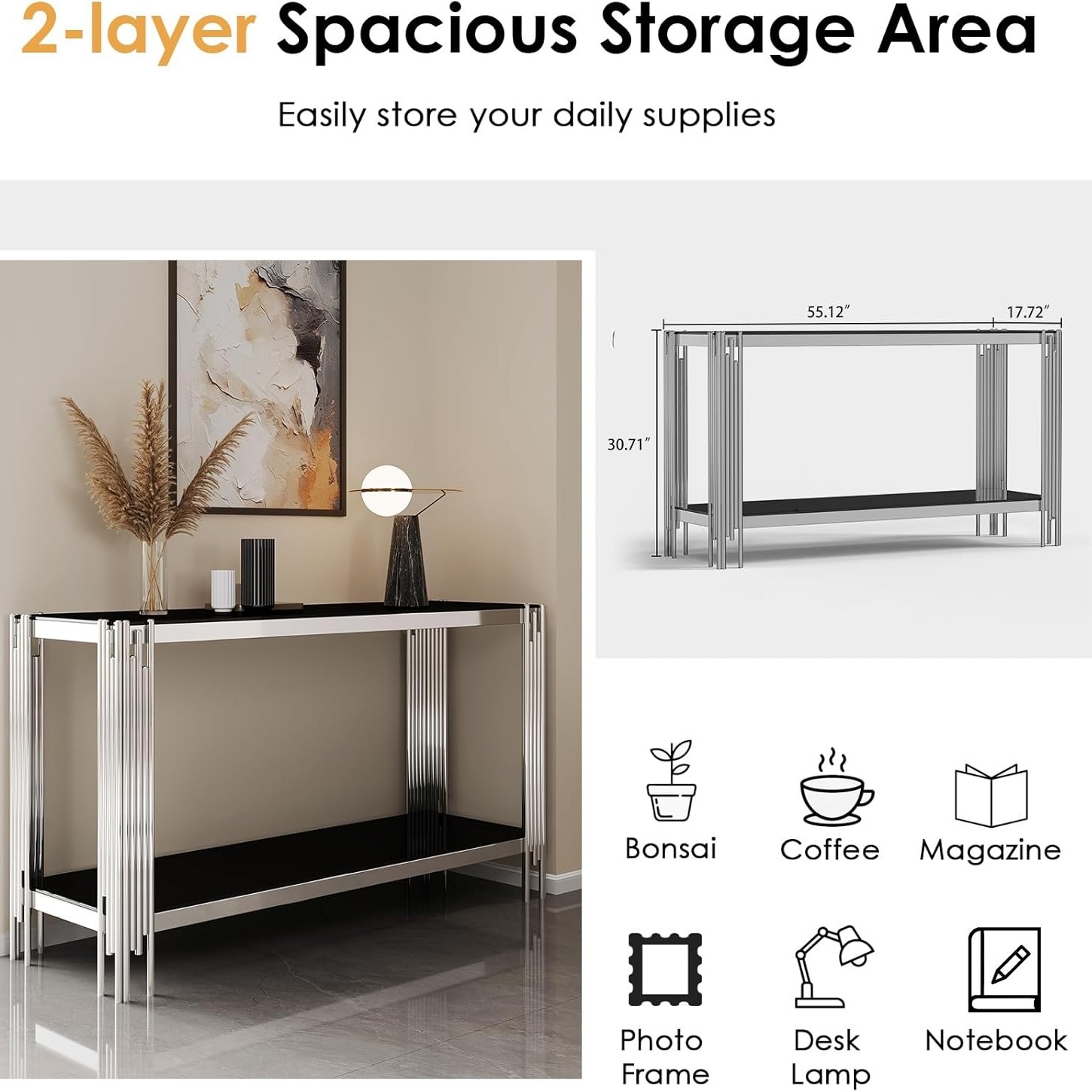 modern 2 tier glass console table gold stainless steel legs - Temu