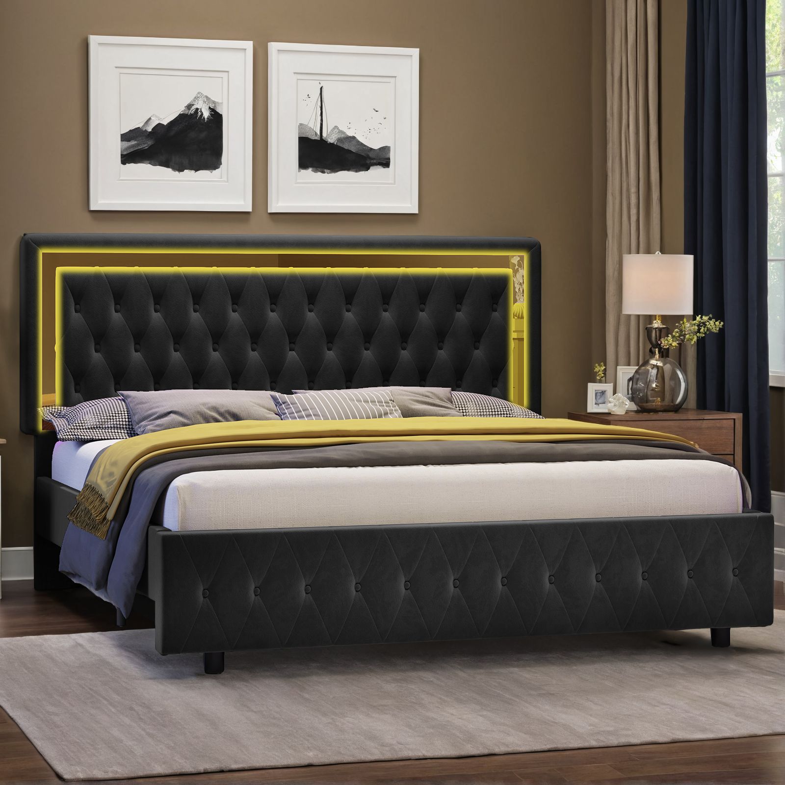 Velvet Bed Frame Led Headboard. Spring - Temu