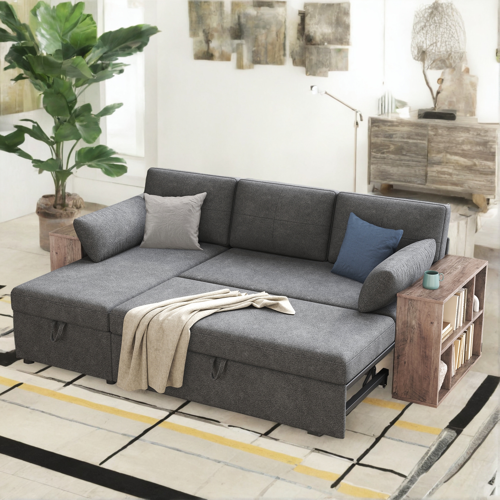 Sleeper Sofa With Storage Chaise, 2 In 1 Pull Out Couch Bed With 2 ...