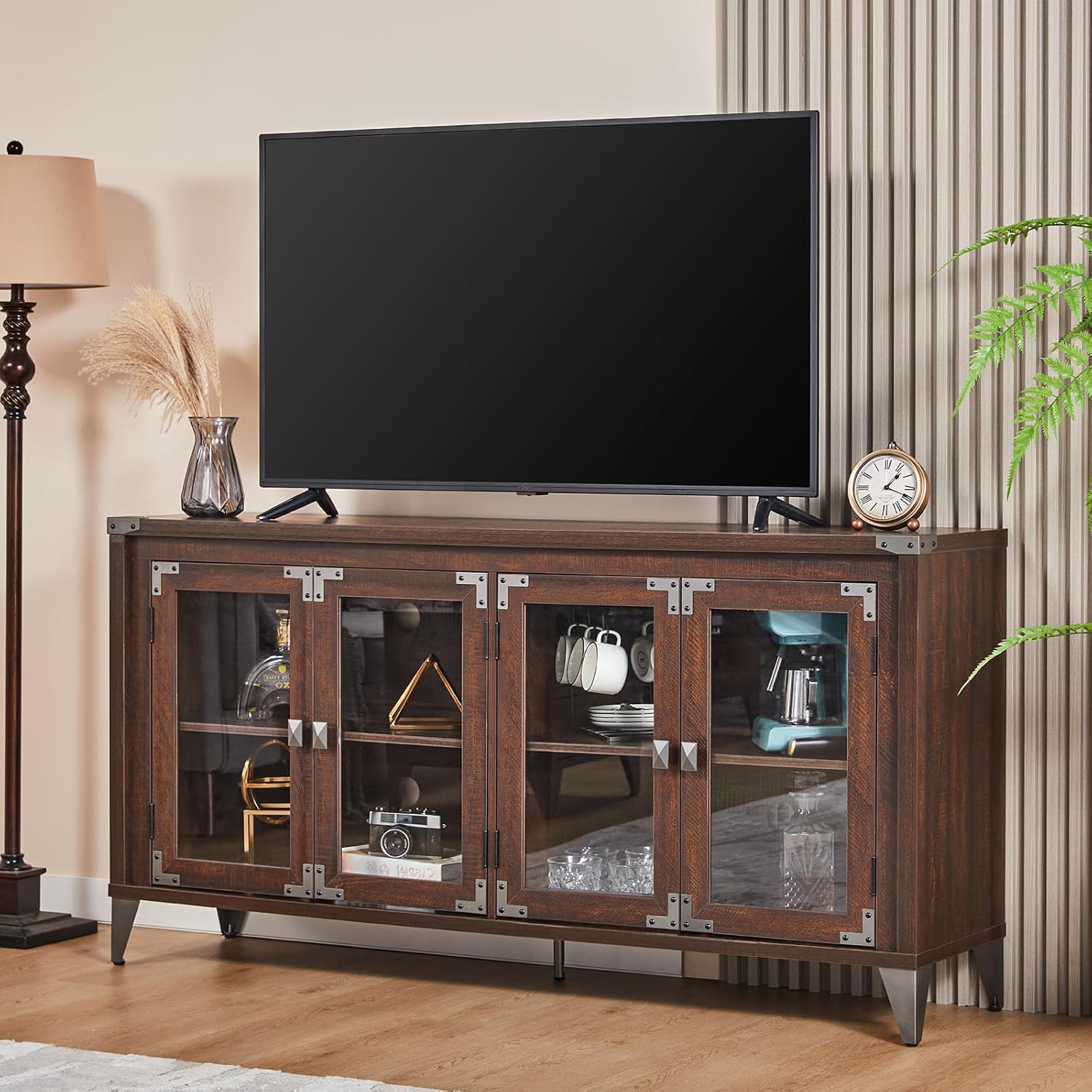 Rustic Farmhouse Tv Stand Tvs Console Table Glass Doors - Temu