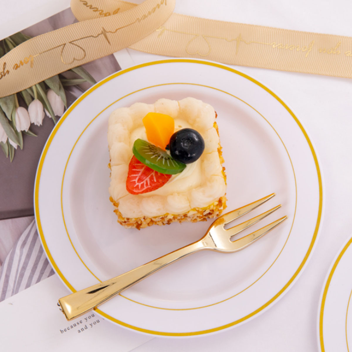 Gold Plastic Plate Dinner Plate White Gold Border Party - Temu