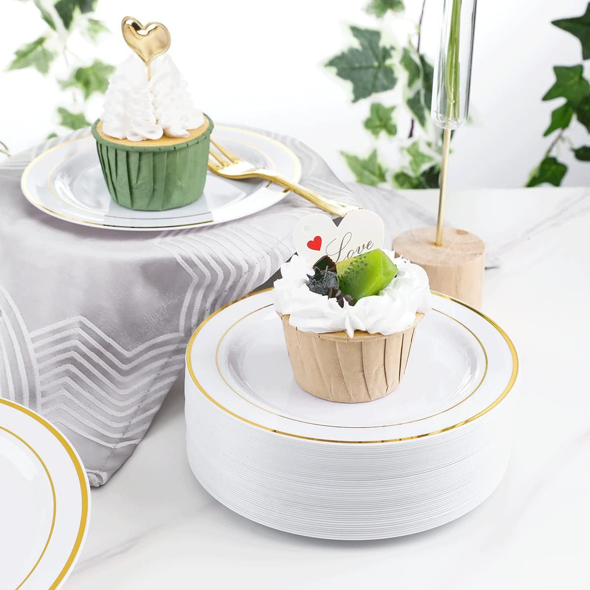 Gold Plastic Plate Dinner Plate White Gold Border Party - Temu