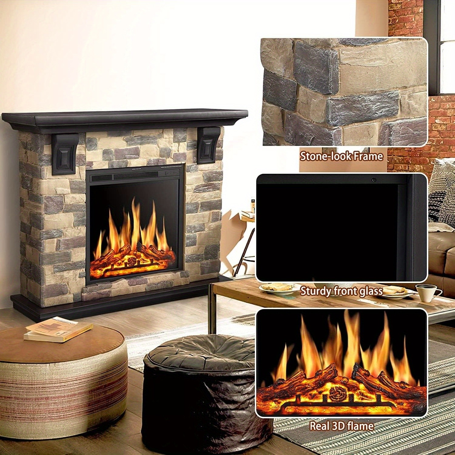 Electric Fireplace Mantel 50 Inch Stone Freestanding Fireplace With Tv Stand Heater 7 Flame ...