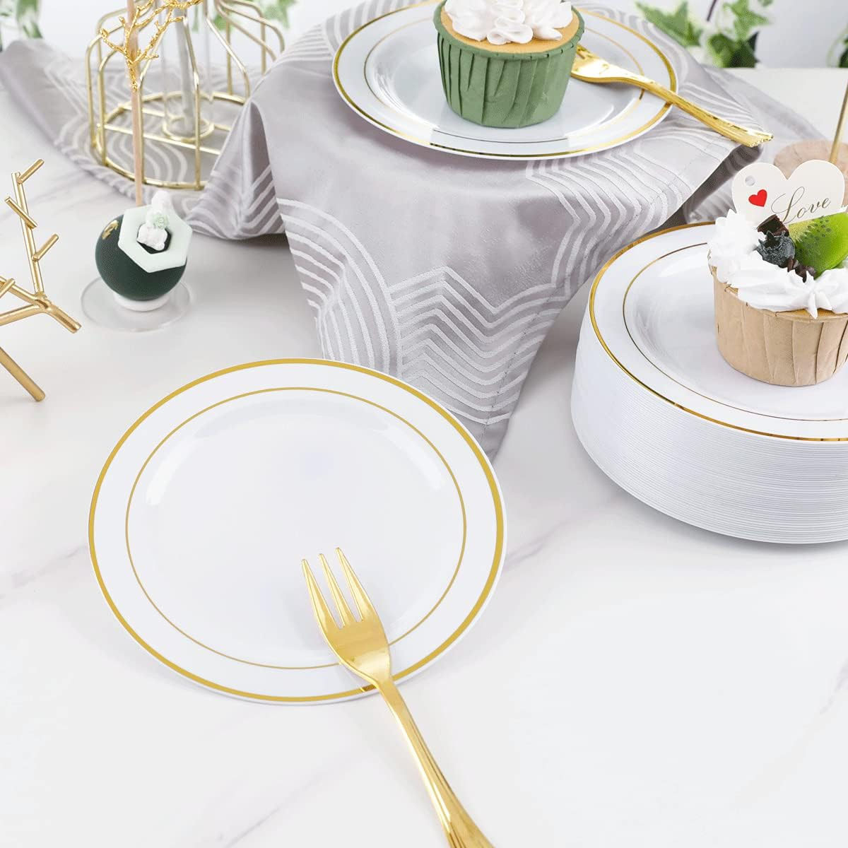 Gold Plastic Plate Dinner Plate White Gold Border Party - Temu