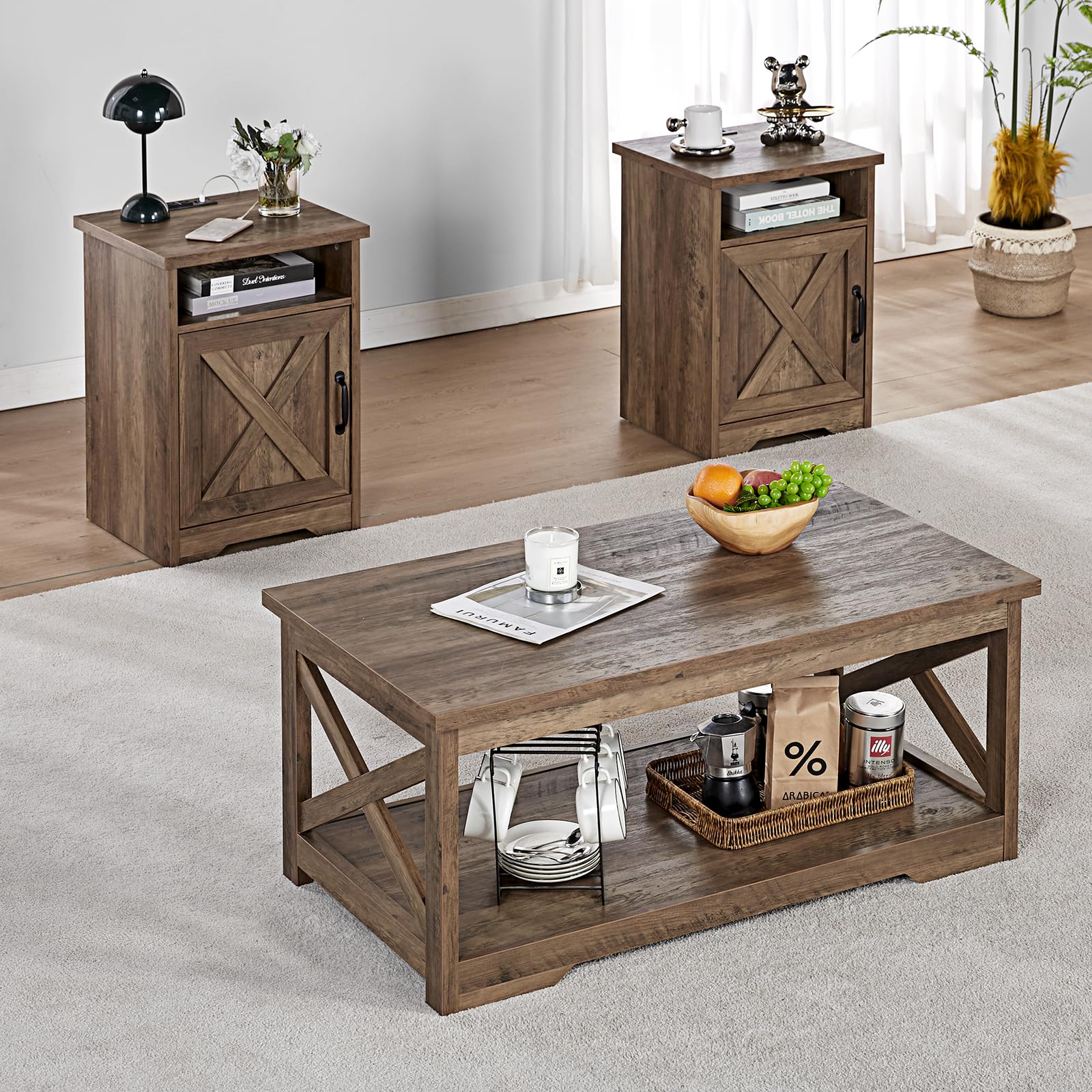 farmhouse table set coffee table two end tables a Temu