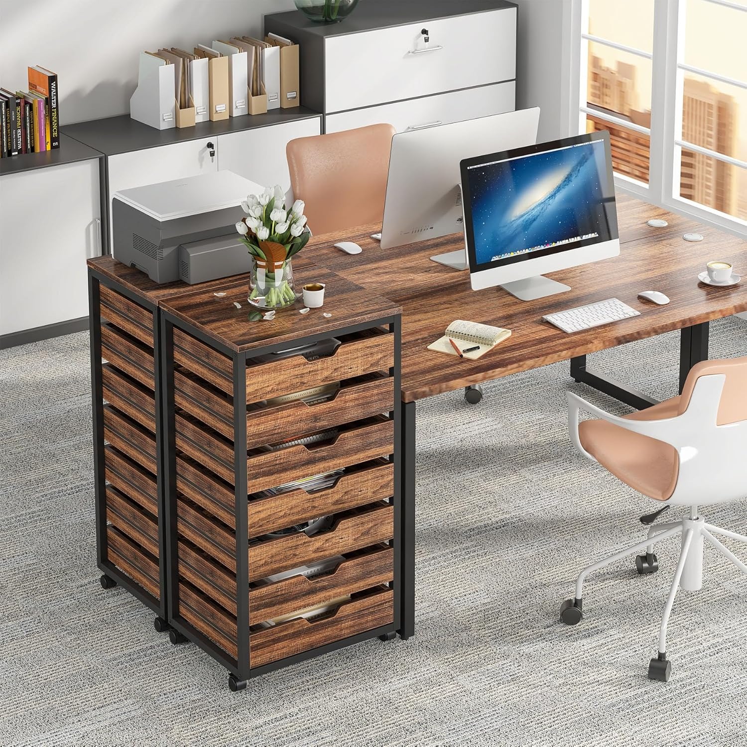 7단 서랍 파일 캐비닛 목재 모바일 스토리지 서랍 유닛 책상 아래 파일 캐비닛 바퀴가 있는 보관 정리함 홈 오피스 조직 서랍 및 바퀴가 있는 산업용 사무실 캐비닛