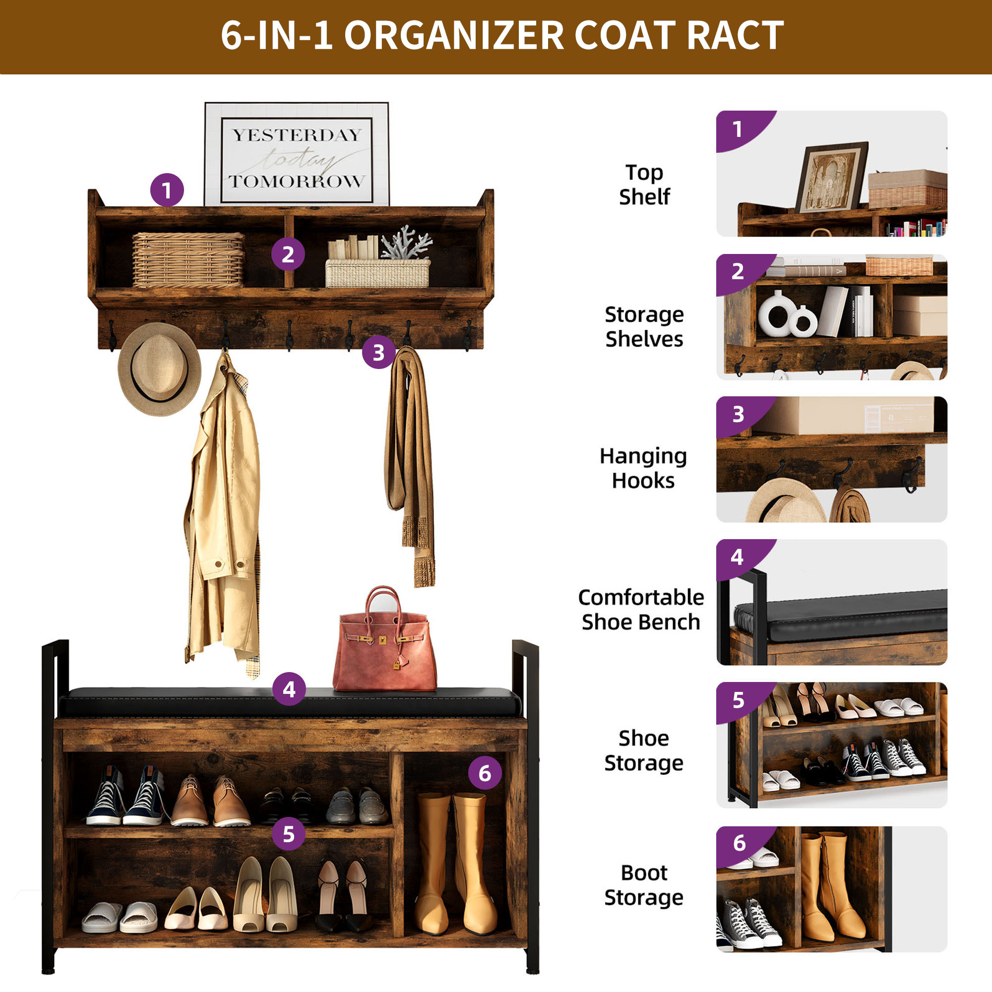 Decoyad Industrial Shoe Rack Bench Wall Coat Rack Hall Tree - Temu