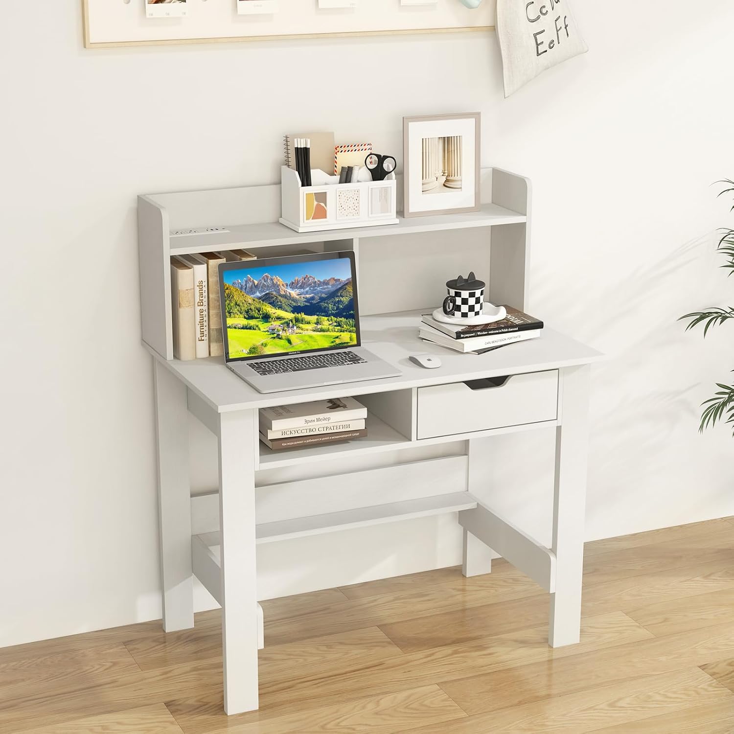 Costway White Computer Desk With Hutch, Home Office Desk With Power ...