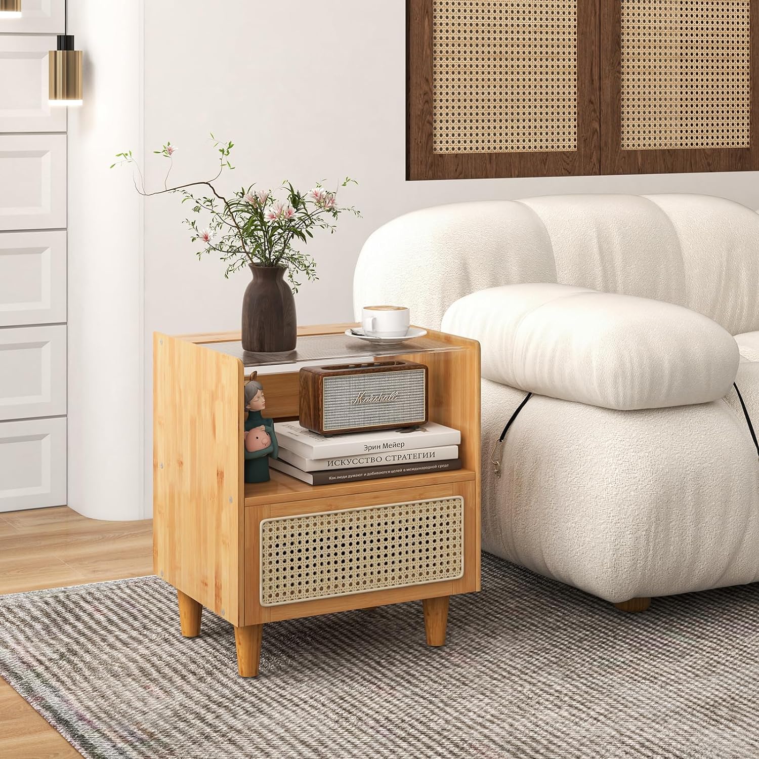 Rattan Nightstand Drawer Bedside Table - Temu