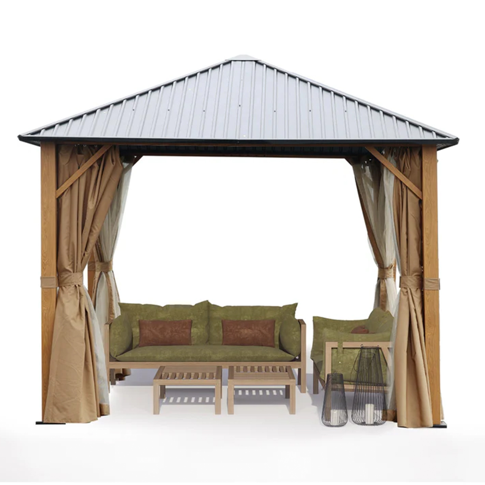 Wood Grain Aluminum Gazebo Roof With Curtain&netting - 10x10 | Shop Now ...