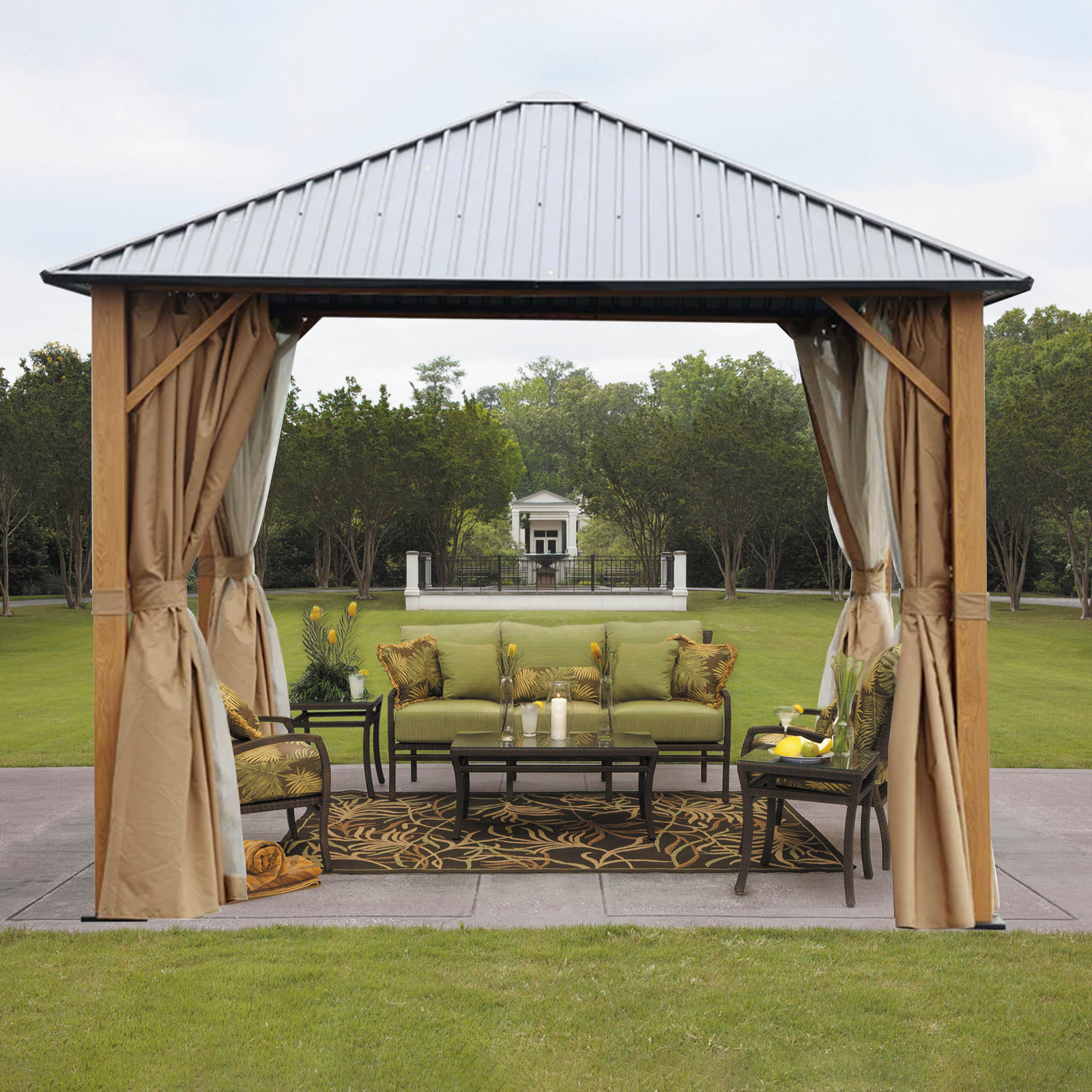 Wood Grain Aluminum Gazebo Roof With Curtain&netting - 10x10 | Shop Now ...