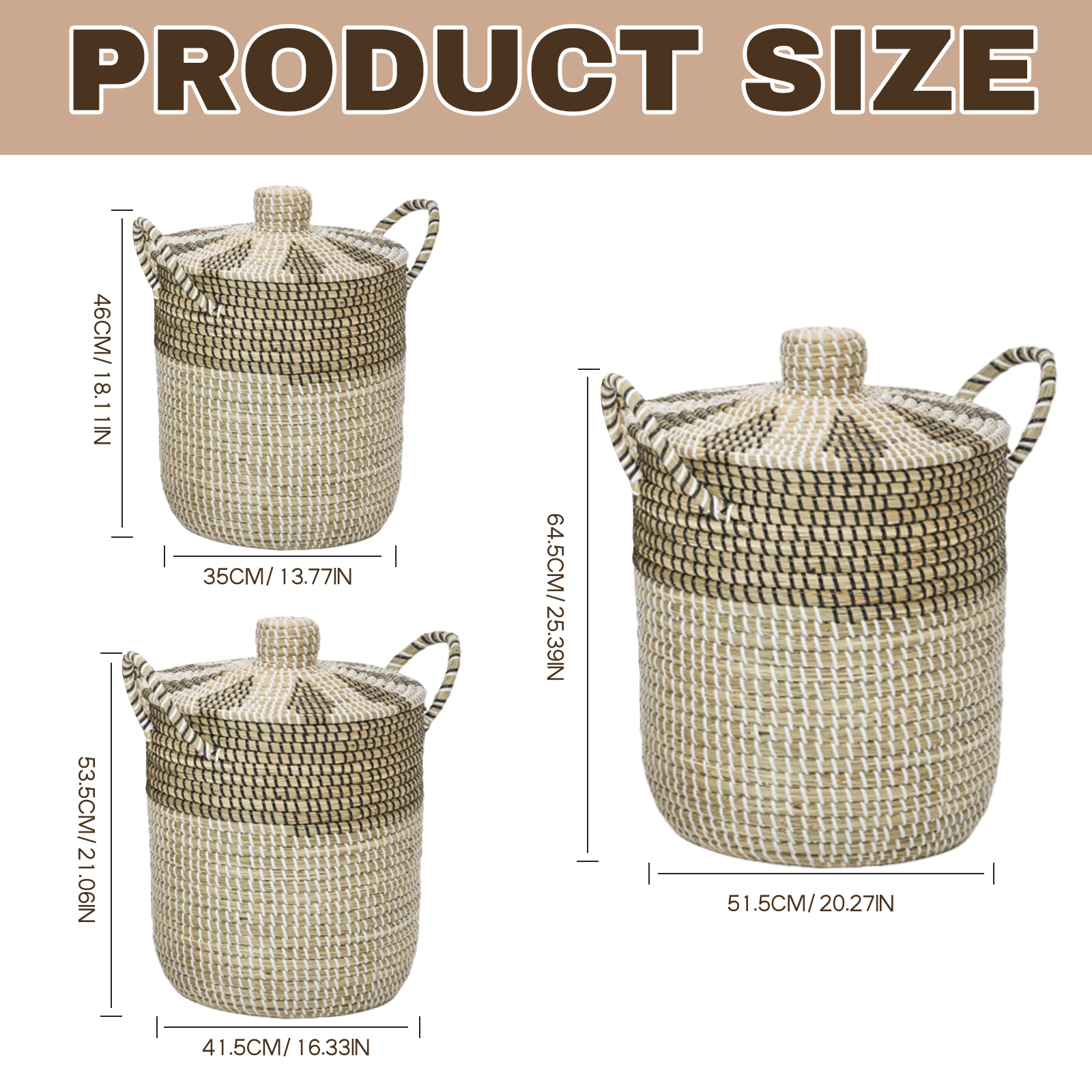 Set Of 3 Laundry Baskets Hamper, 75l Seagrass Handwoven Storage Basket ...