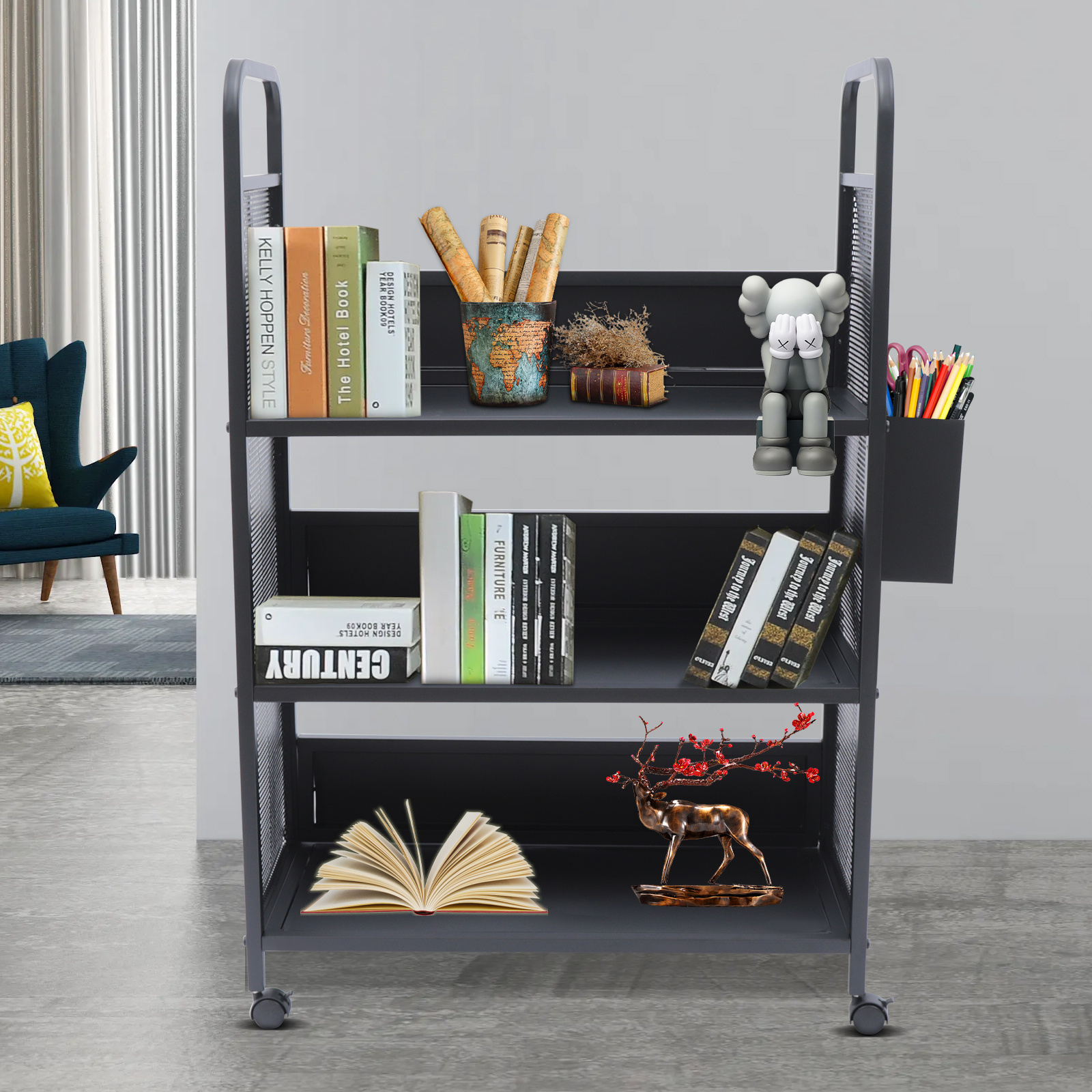 Library Book Storage Cart Book Shelf Book Organizer Trolley With 3 Flat ...