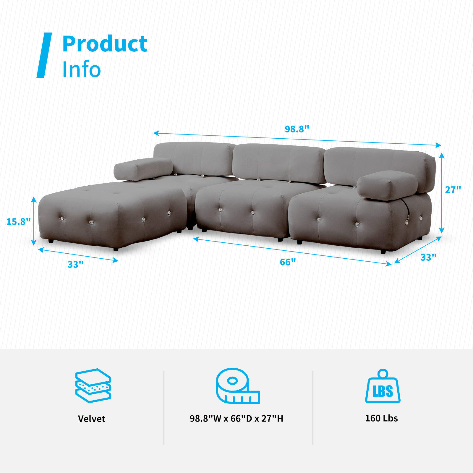 Modular Sectional Sofa With Reversible Chaise, Velvet L Shaped Cloud ...