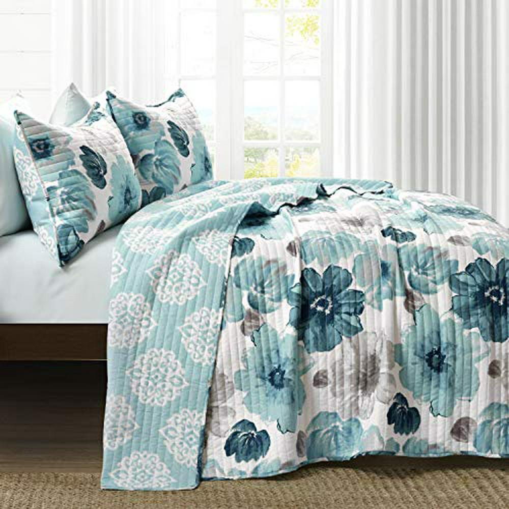 Reversible Floral Quilt Set Full/ Queen Blue Large - Temu
