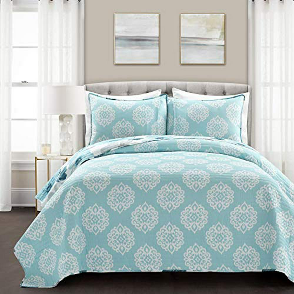 Reversible Floral Quilt Set Full/ Queen Blue Large - Temu