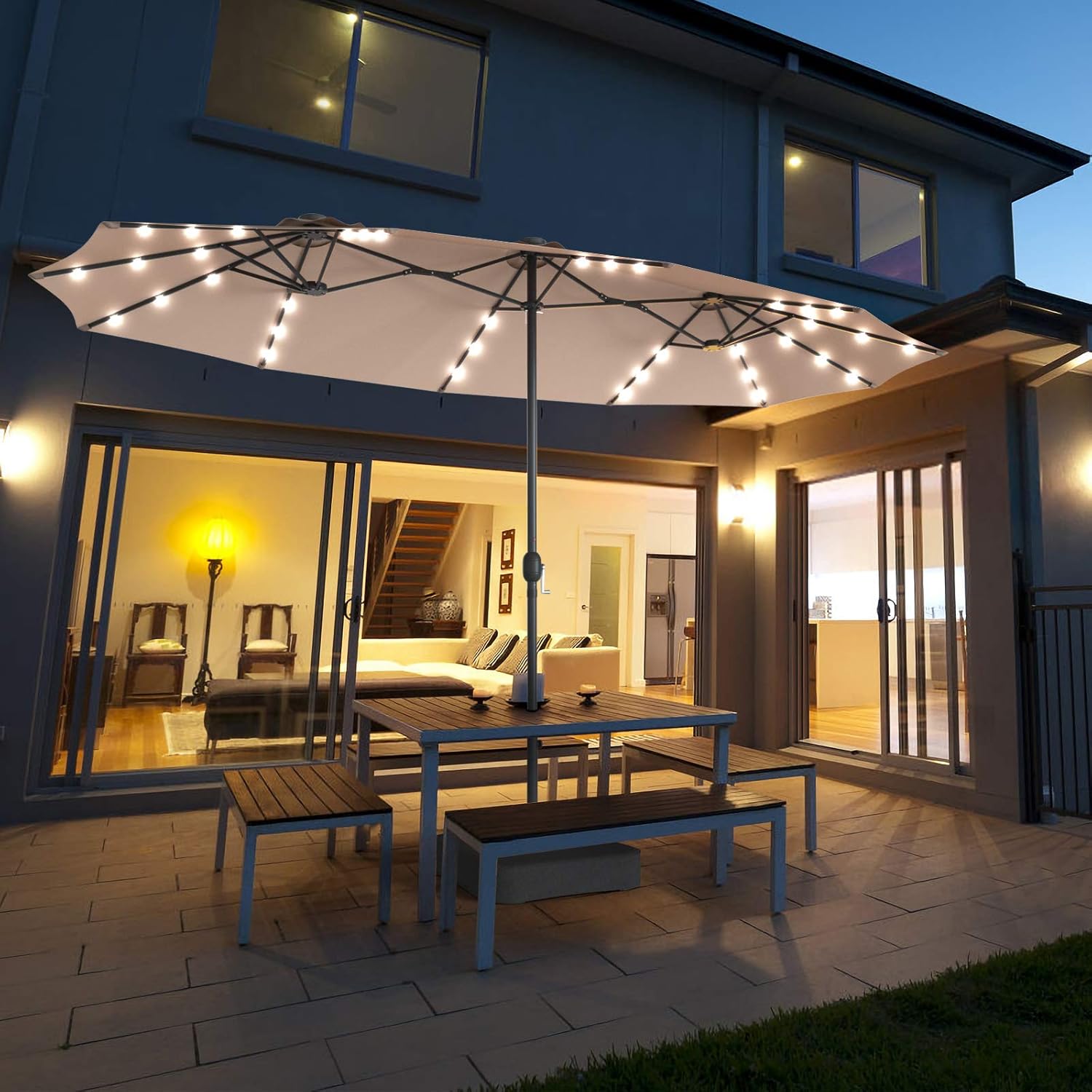 Paraguas Patio Doble Cara Energía Solar Led 15 Pies Base - Temu