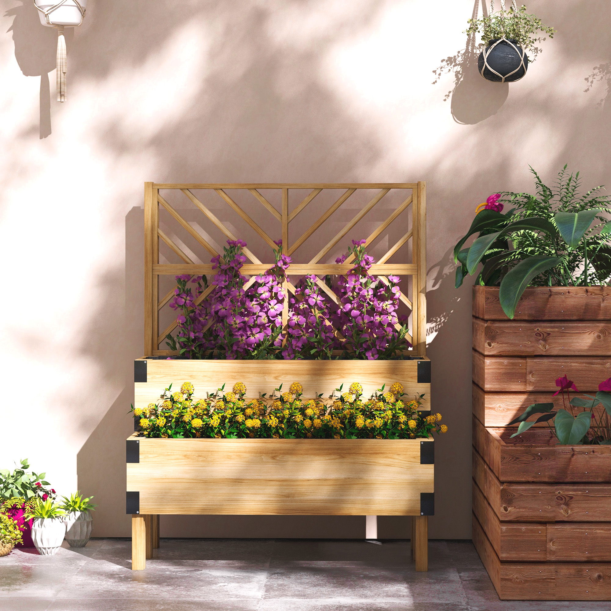 격자가 있는 Raised Garden Bed 야채 꽃 허브를 위한 다리와 금속 모서리가 있는 2층 나무 고가 화분 상자
