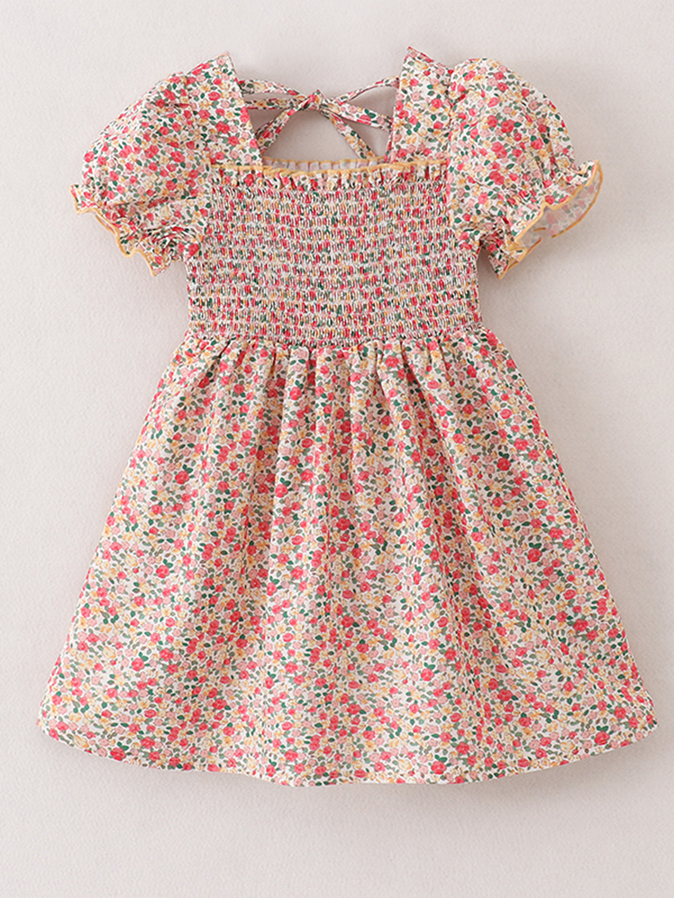 Girls Summer Vintage Floral Lantern Sleeve Smock Back Tie - Temu