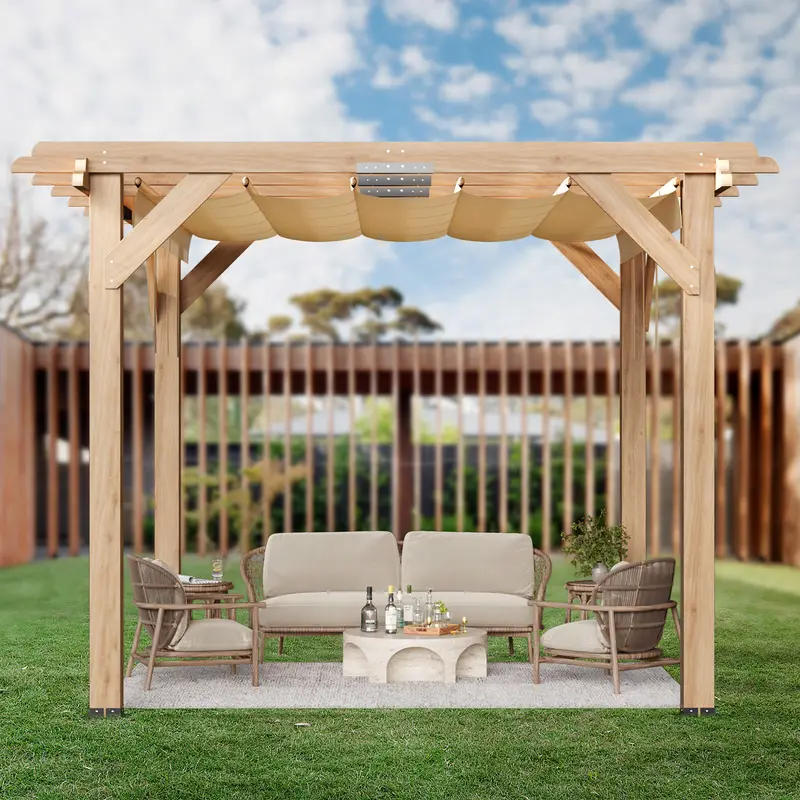 12 Ft 목재 Pergola 개폐식 차양 캐노피 견고한 구조 뒤뜰 갑판 정원용 야외 Pergola Temu