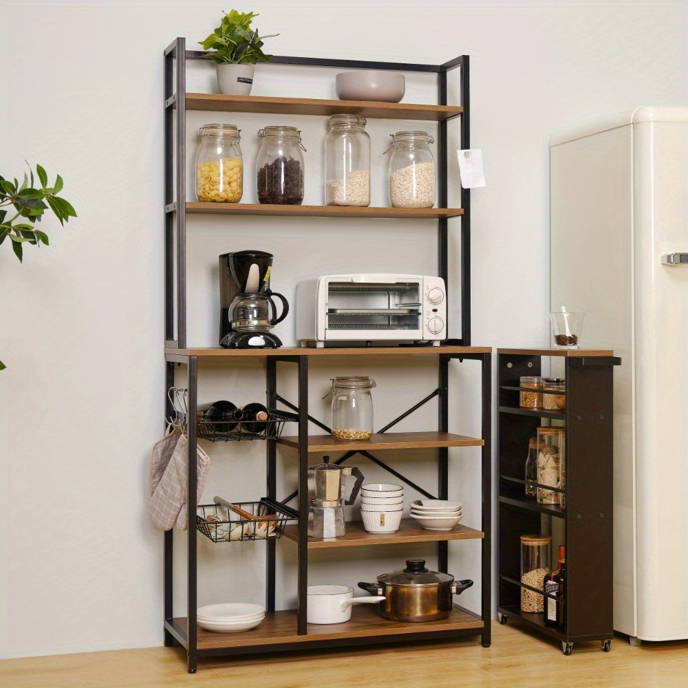 6-tier Kitchen Organizer With S-hooks And Baskets, Wood Grain Storage ...