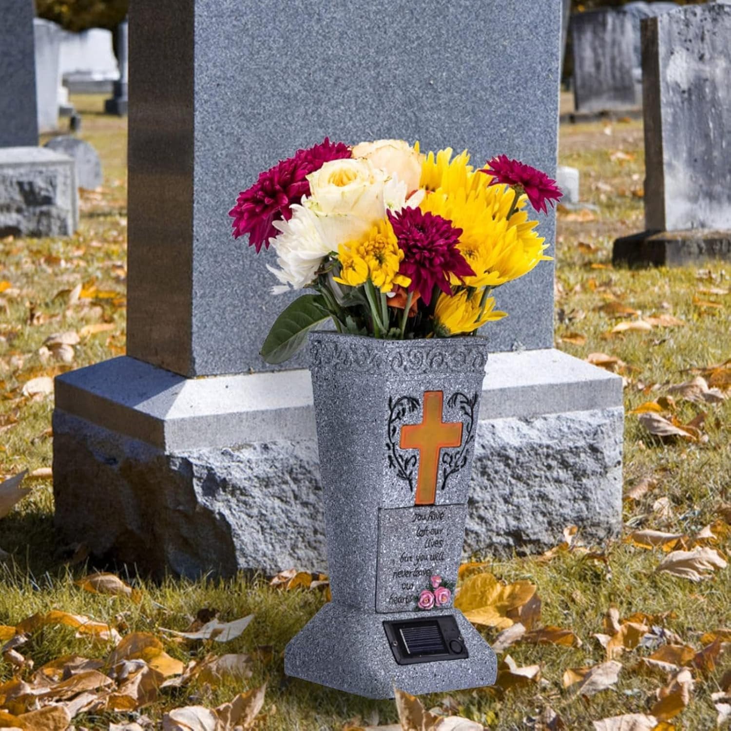 solar cemetery vase with led cross lamp memorial flower holder with ...