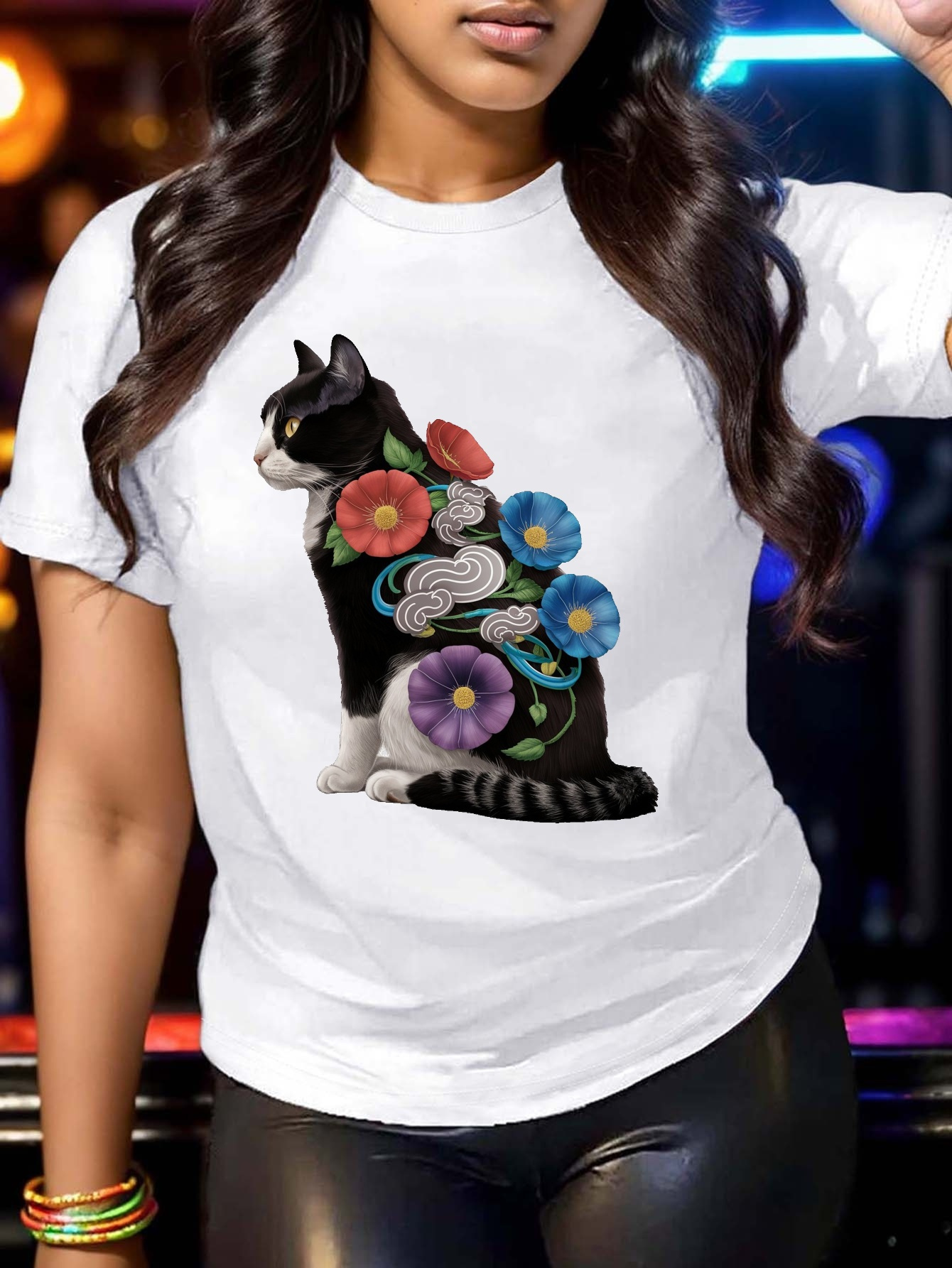 floral cat pure cotton women's tshirt fit - Temu