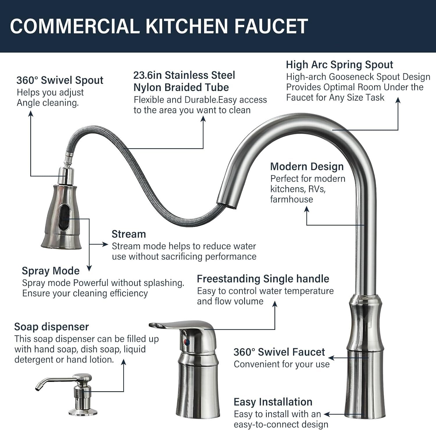 Kitchen Faucet Sink Pull Sprayer 304 Stainless 2 Hole Single - Temu