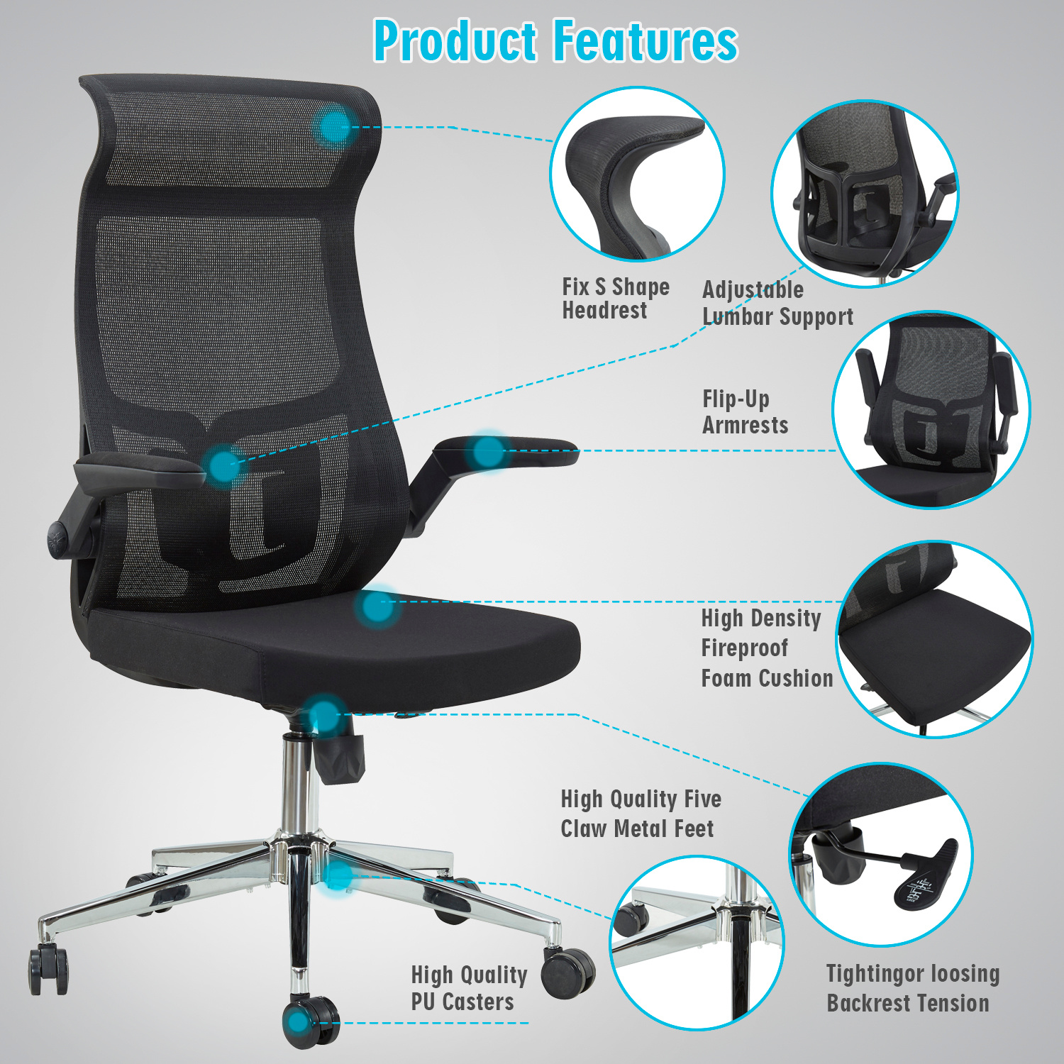 Ergonomic Mesh Office Chair High Chair Fixed - Temu