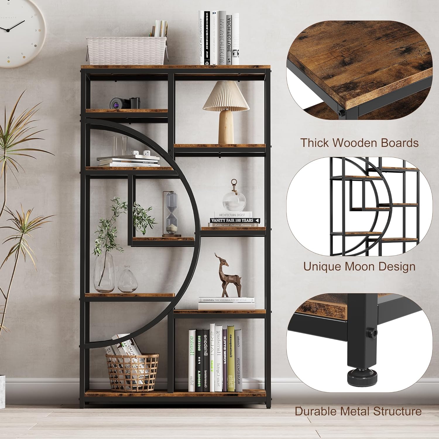 Tall Industrial Wood Bookshelf Moon tier Open - Temu
